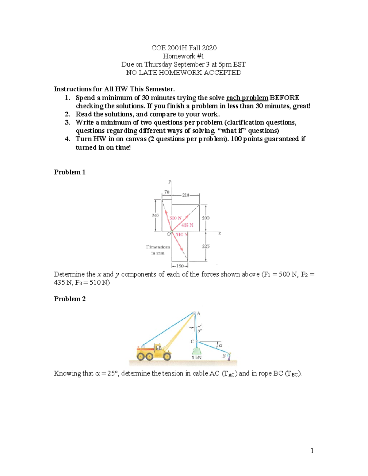 HW#1 - Homework Problems - COE 2001H Fall 2020 Homework # Due on ...
