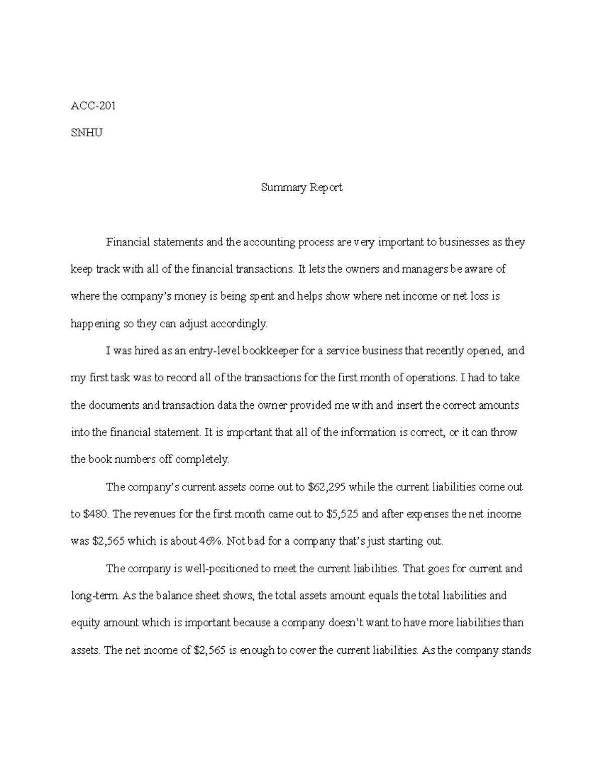 ACC-201 Summary Report - ACC- SNHU Summary Report Financial statements ...