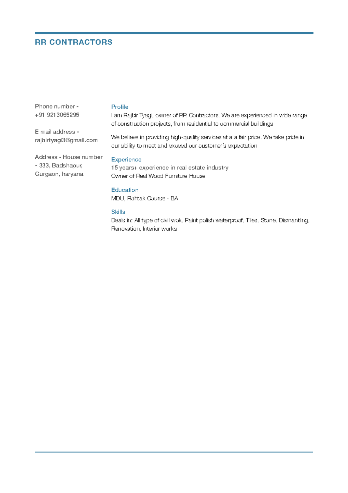 RR contractors - Tax - RR CONTRACTORS Profile I am Rajbir Tyagi, owner ...