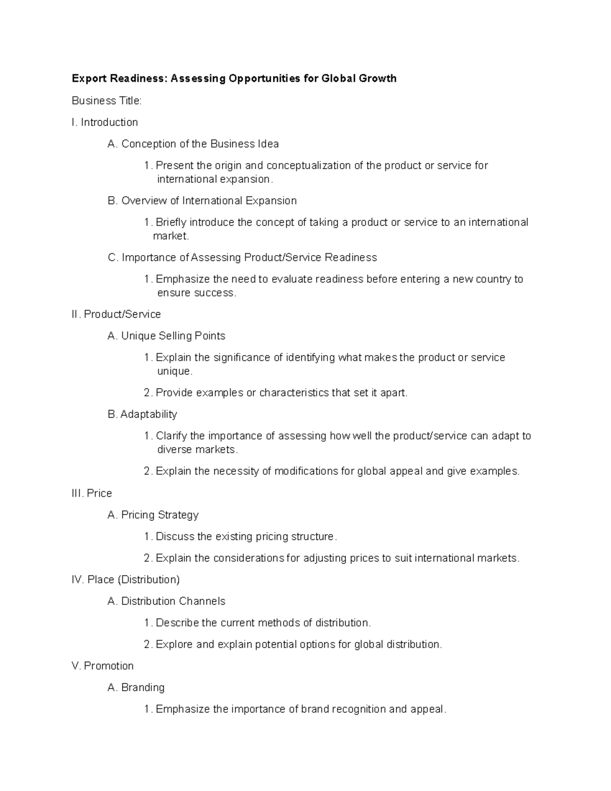 Export Readiness - Introduction A. Conception of the Business Idea 1 ...