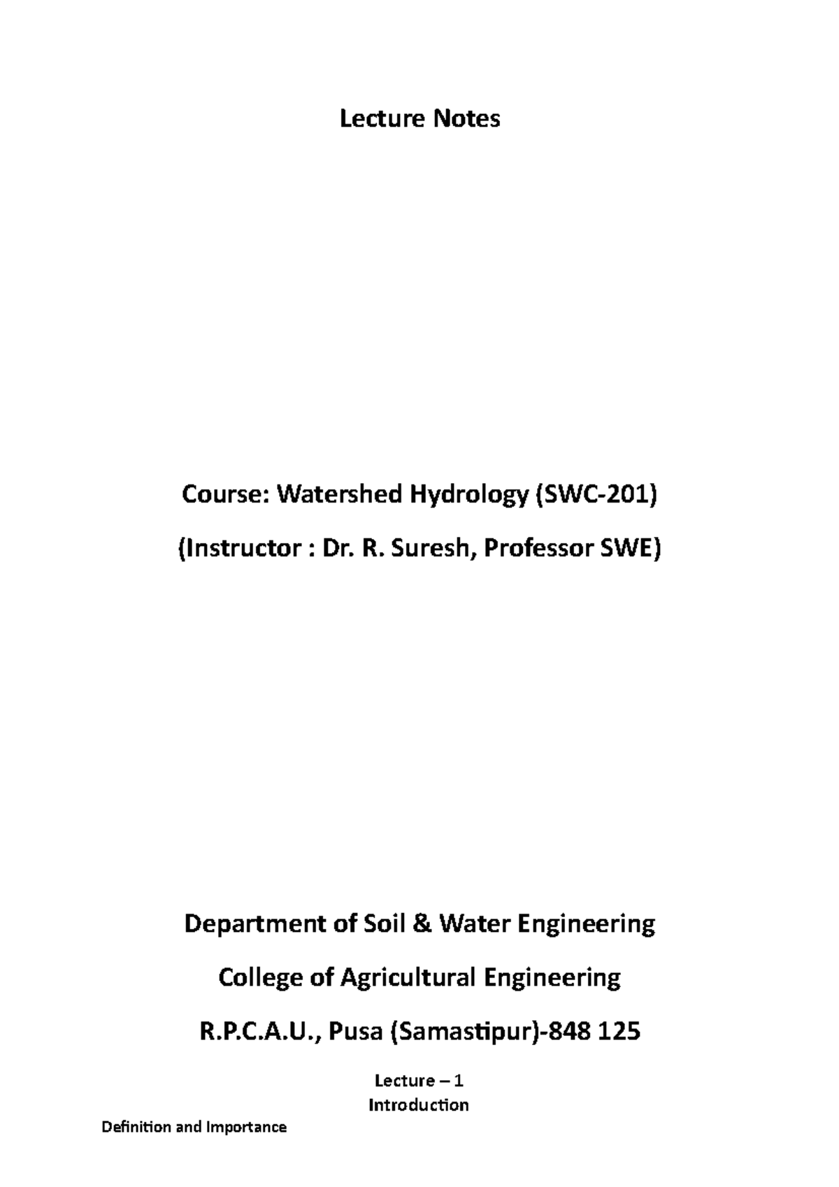 Watershed-Hydrology All-lectures - Lecture Notes Course: Watershed ...
