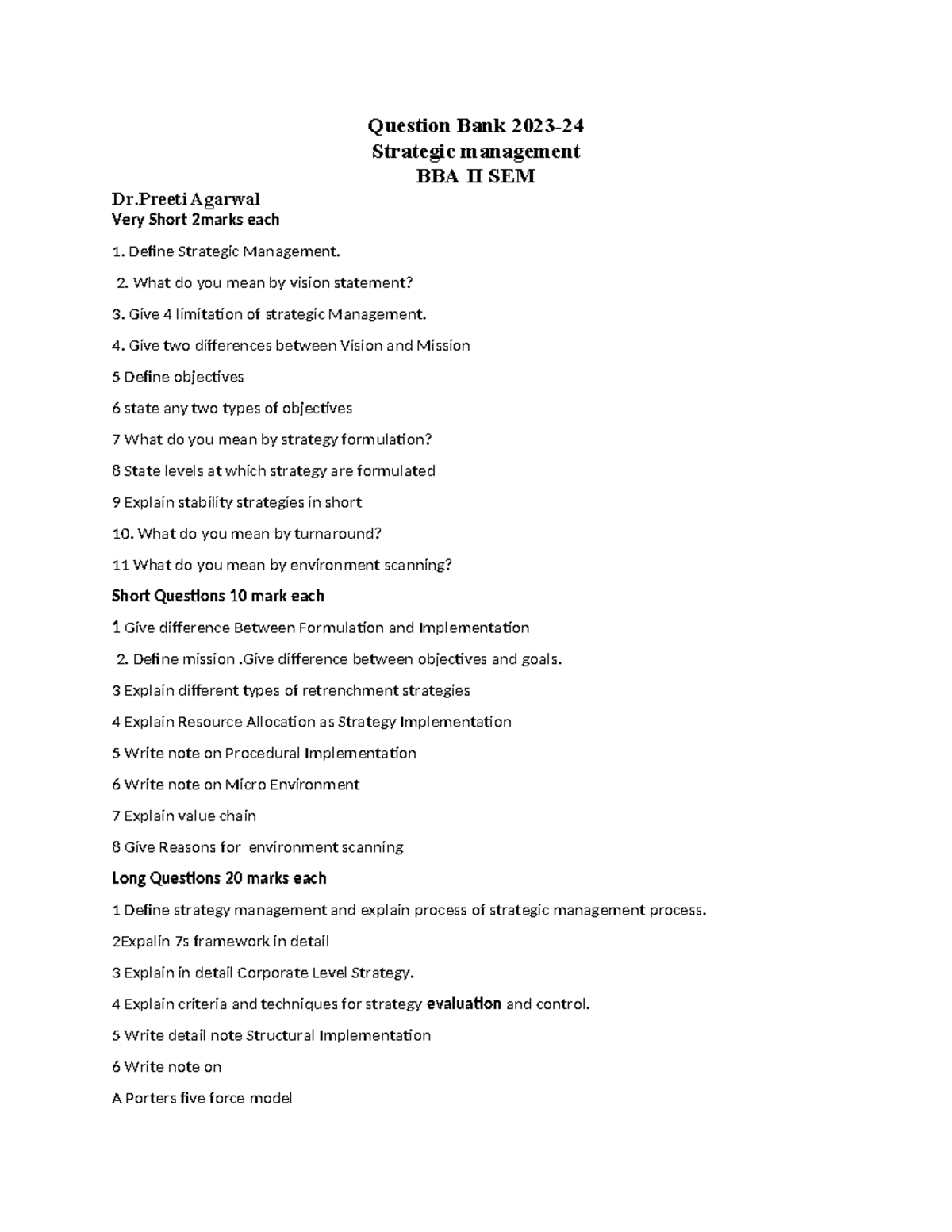 Question Bank 23-24 Sm BBA 2nd sem - Question Bank 2023- Strategic ...