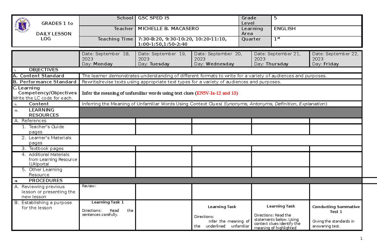 Week 4 - DLL - GRADES 1 to 12 DAILY LESSON LOG School GSC SPED IS Grade Level 5 Teacher MICHELLE ...