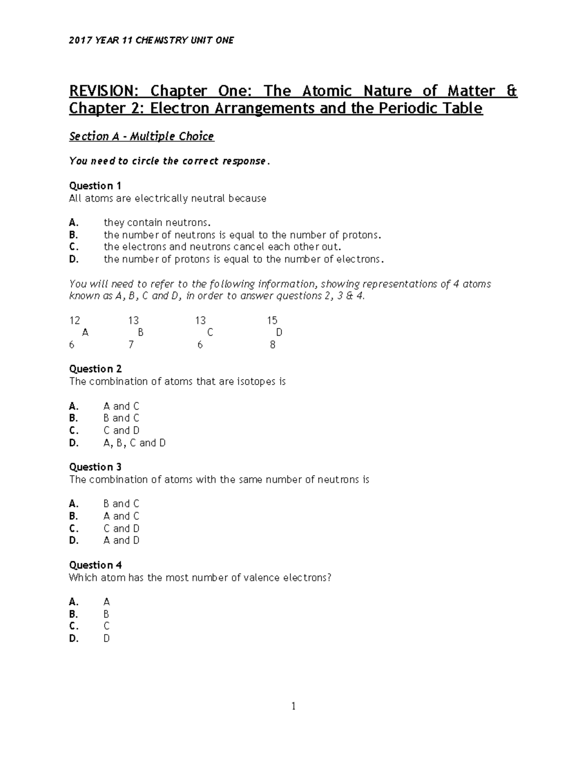 Chemistry C1&2 (Ver3) Questions - REVISION: Chapter One: The Atomic ...