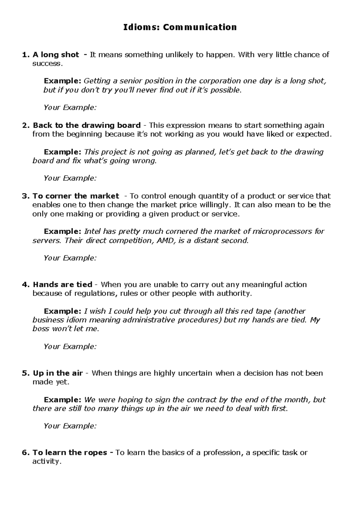 Idioms - Communication (orginal) - Idioms: Communication A long shot ...
