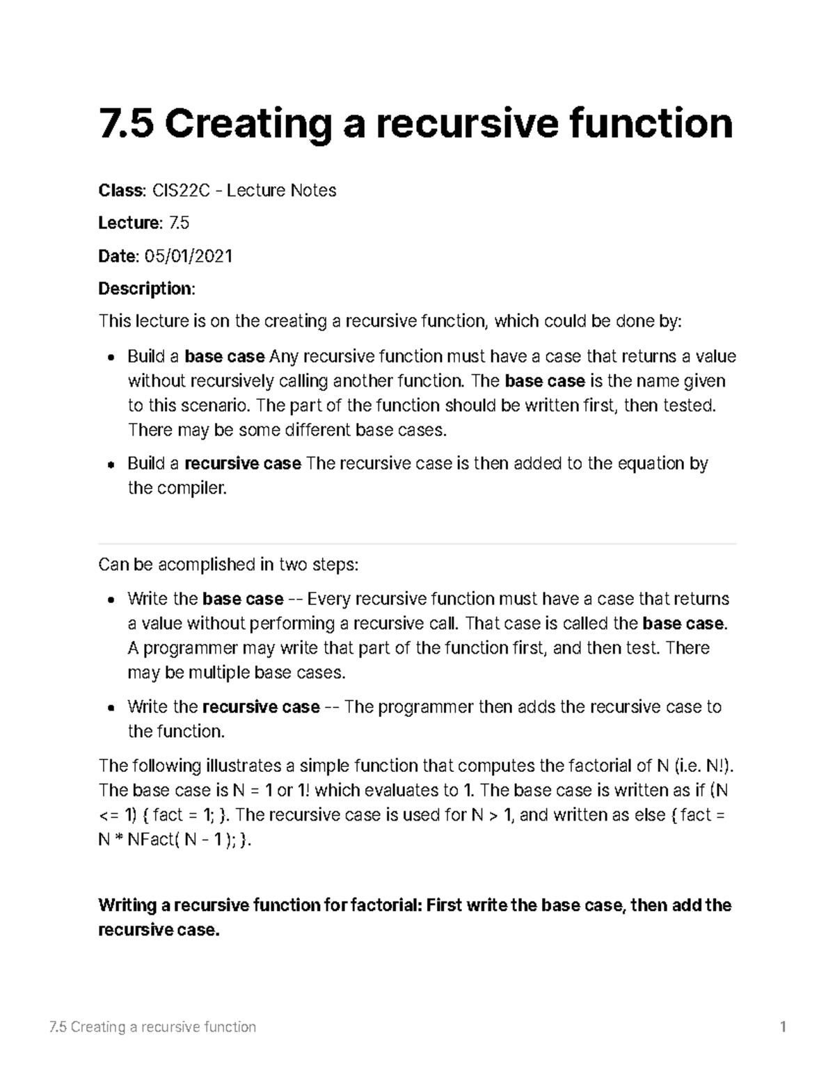 75 Creating A Recursive Function 7 Creating A Recursive Function Class Cis22c Lecture