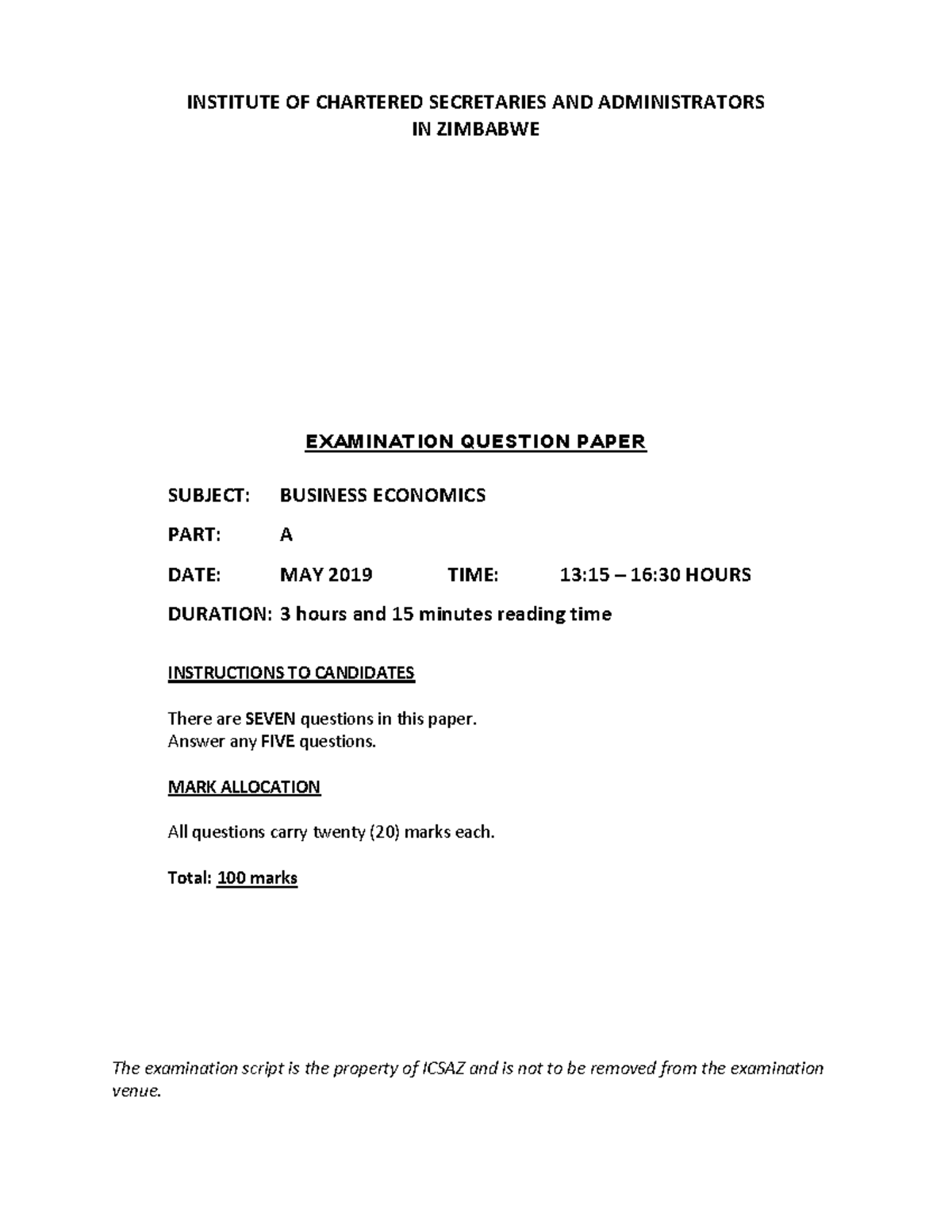 Business Economics May 2019 Question Paper - INSTITUTE OF CHARTERED ...
