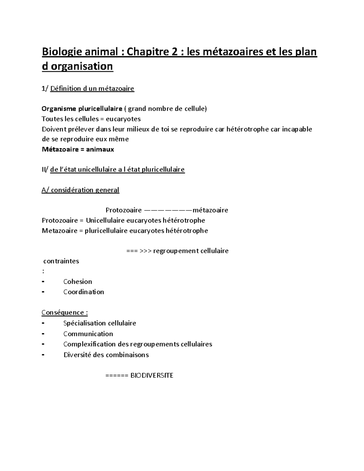 Metazoaire - Résumé Biologie des organismes animaux - Biologie animal ...