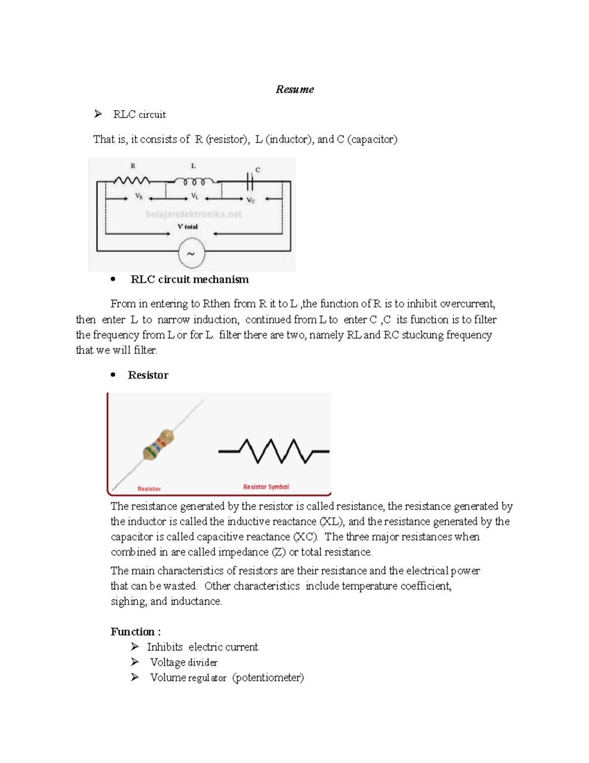 Resume RLC Sircuit - Resume RLC circuit That is, it consists of R ...
