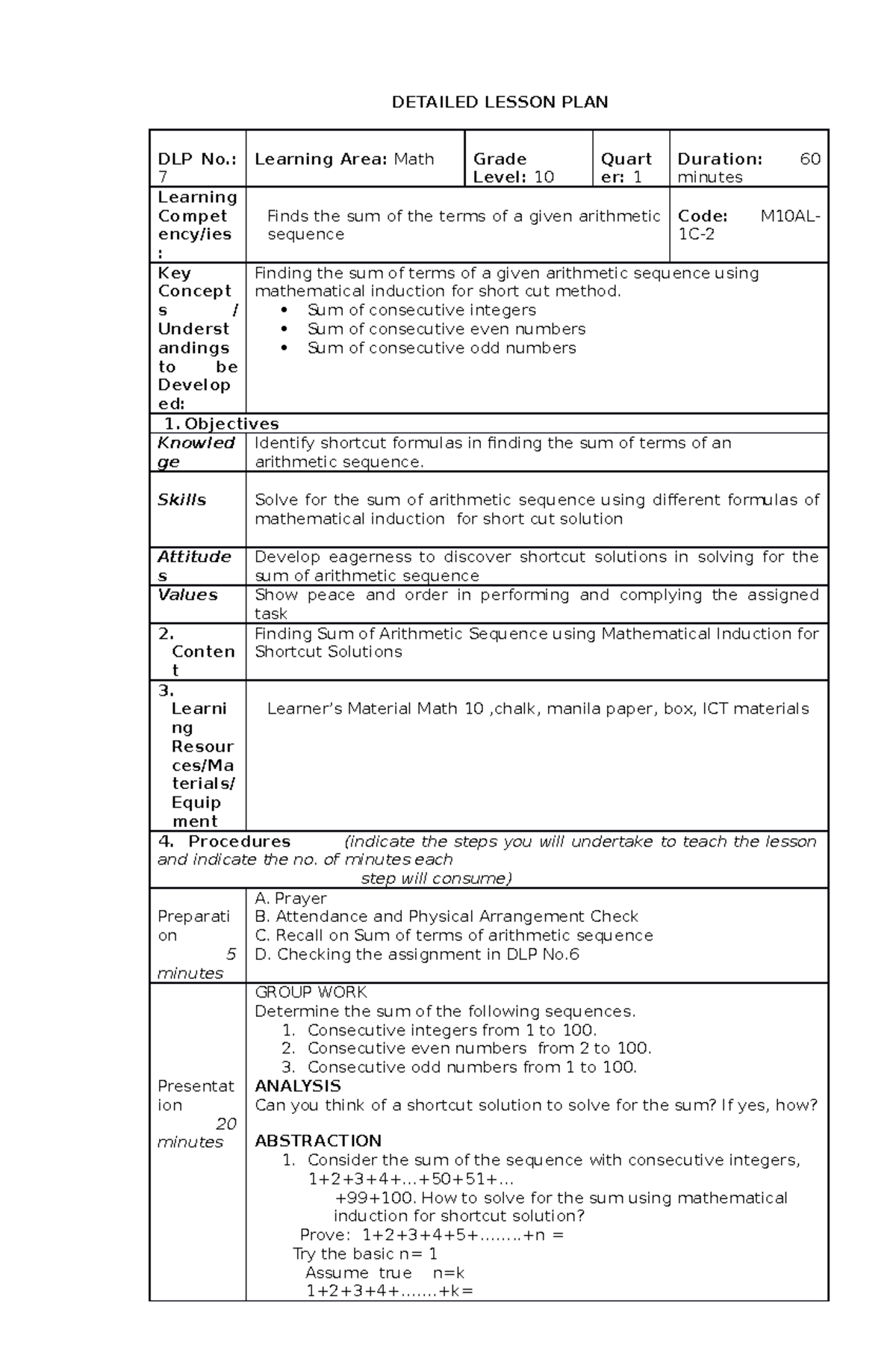 Dlp7 Math10q1 Detailed Lesson Plan In Math DETAILED LESSON PLAN DLP