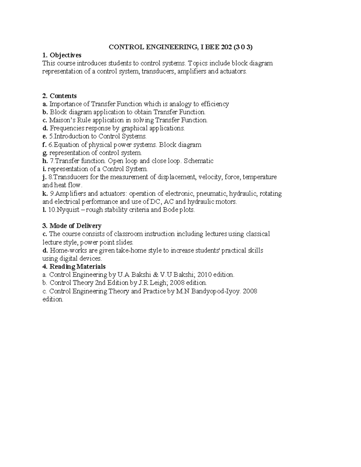 Control Engineering - CONTROL ENGINEERING, I BEE 202 (3 0 3) Objectives ...