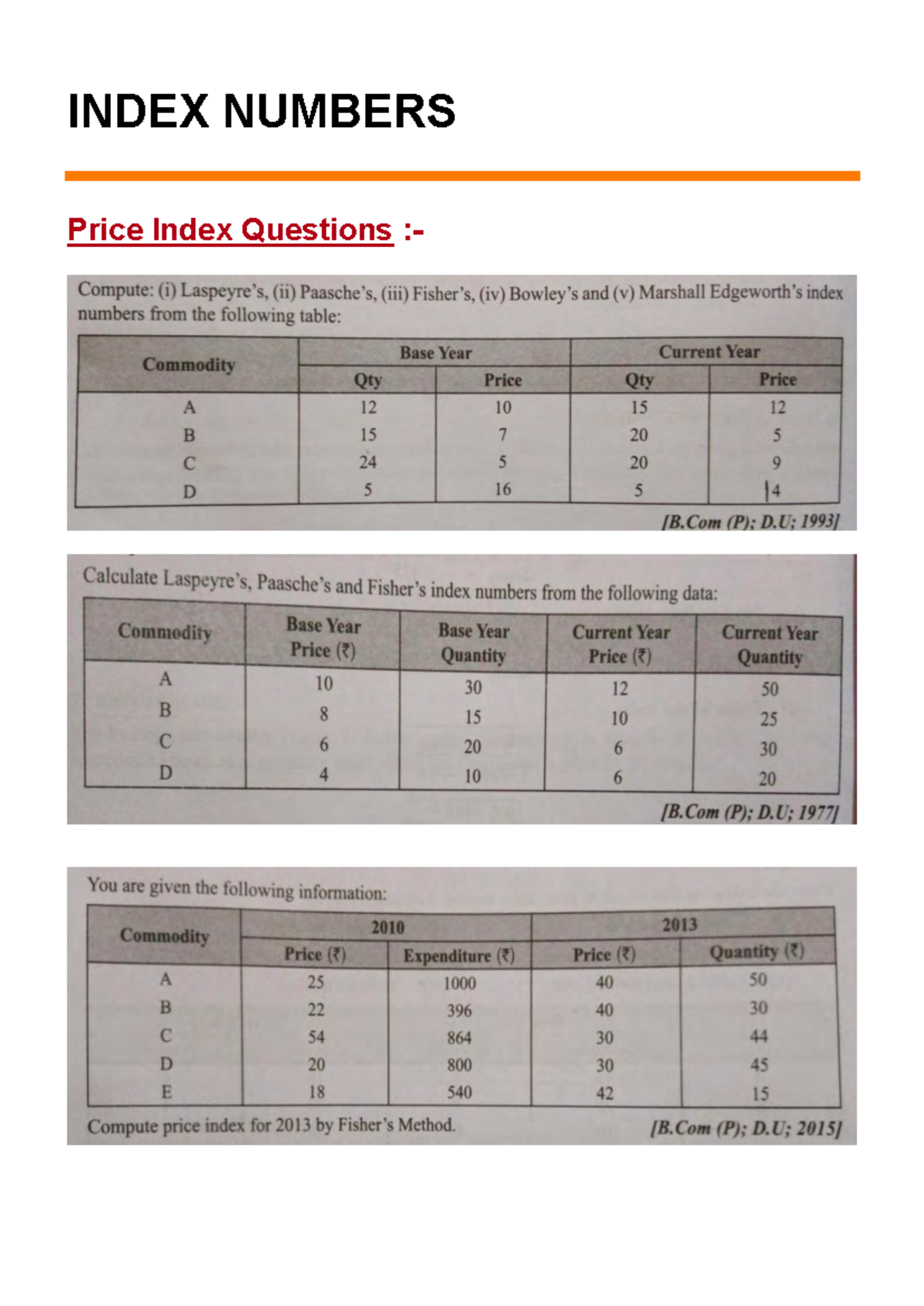 Index Numbers Questions - Bcom hons. - INDEX NUMBERS Price Index Questions :- Solutions ...