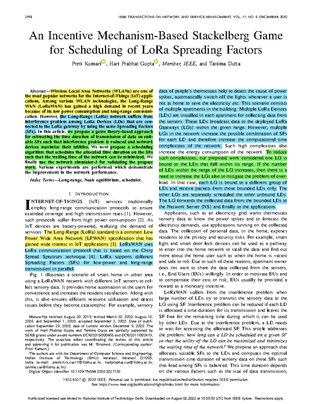 An Incentive Mechanism-Based Stackelberg Game for Scheduling of Lo Ra Spreading Factors - 2598 ...