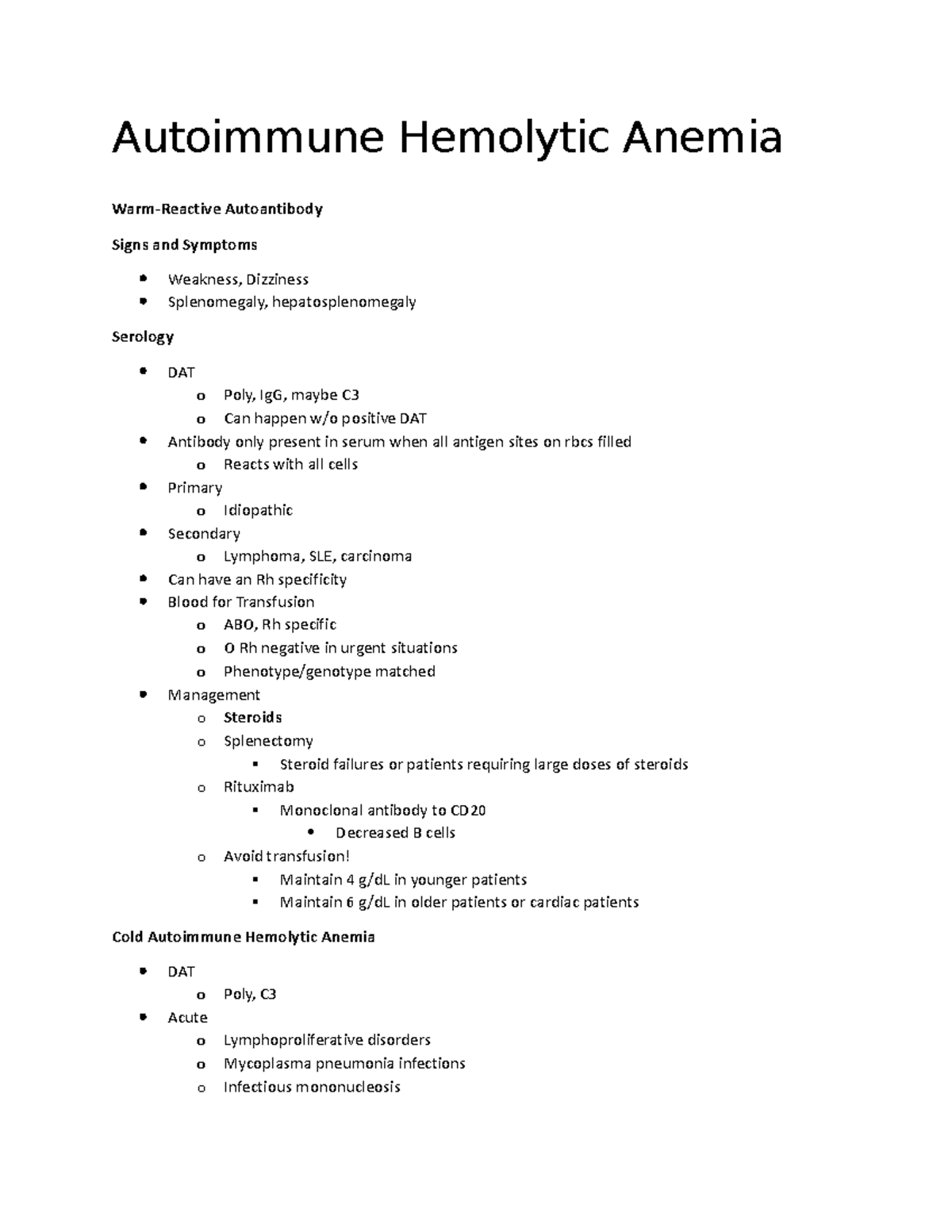 Autoimmune Hemolytic Anemia notes - Autoimmune Hemolytic Anemia Warm ...