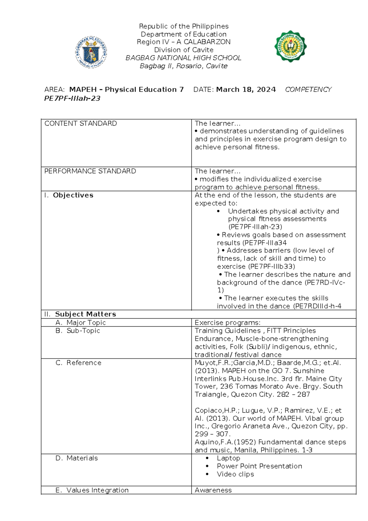 Detailed Lesson Plan in PE Grade 7 Q3 L1 - Republic of the Philippines ...