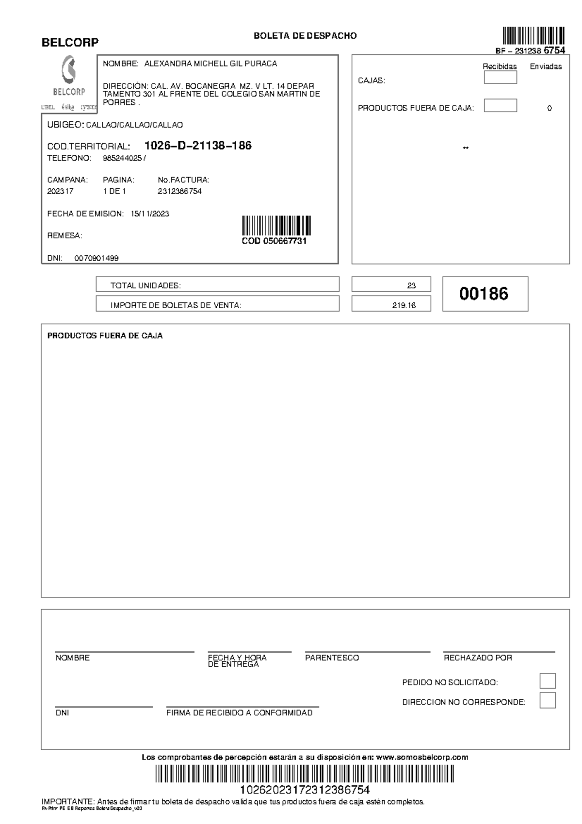 050667731 1130311684 - sadasda - BELCORP BOLETA DE DESPACHO NOMBRE: UBIGEO: COD: TELEFONO ...