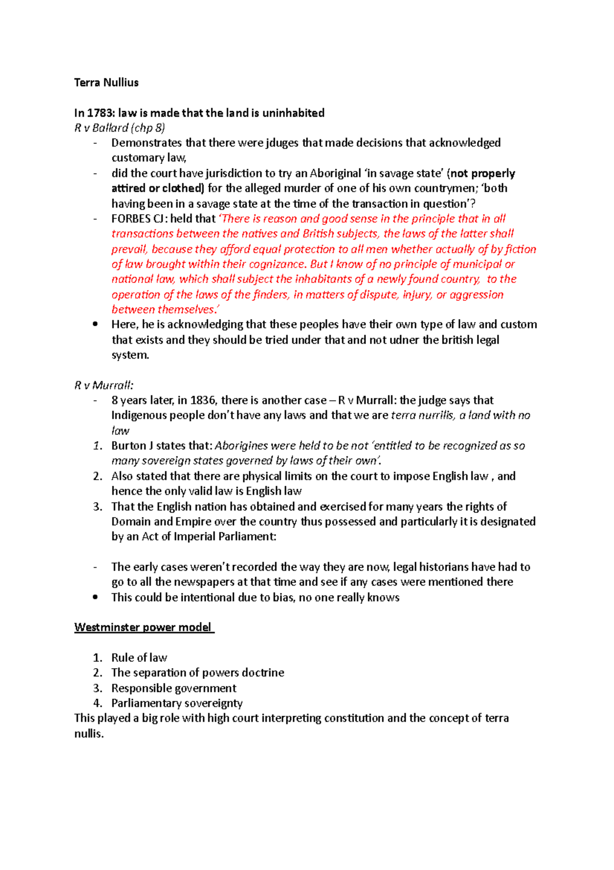 LAC WK 8 IN Class Notes - Terra Nullius In 1783: law is made that the ...