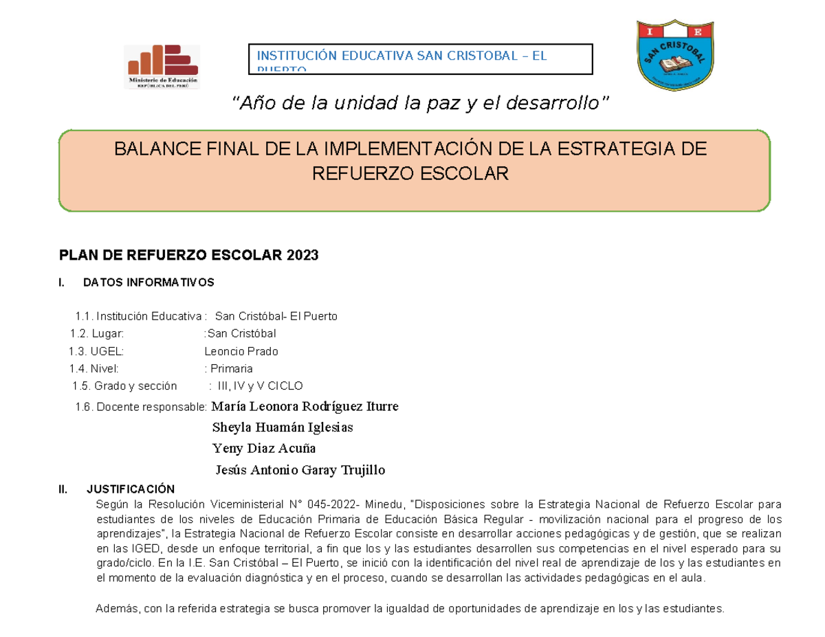7.- Balance Final DE LA Implementación DE LA Estrategia DE Refuerzo Escolar Considerando Logros ...