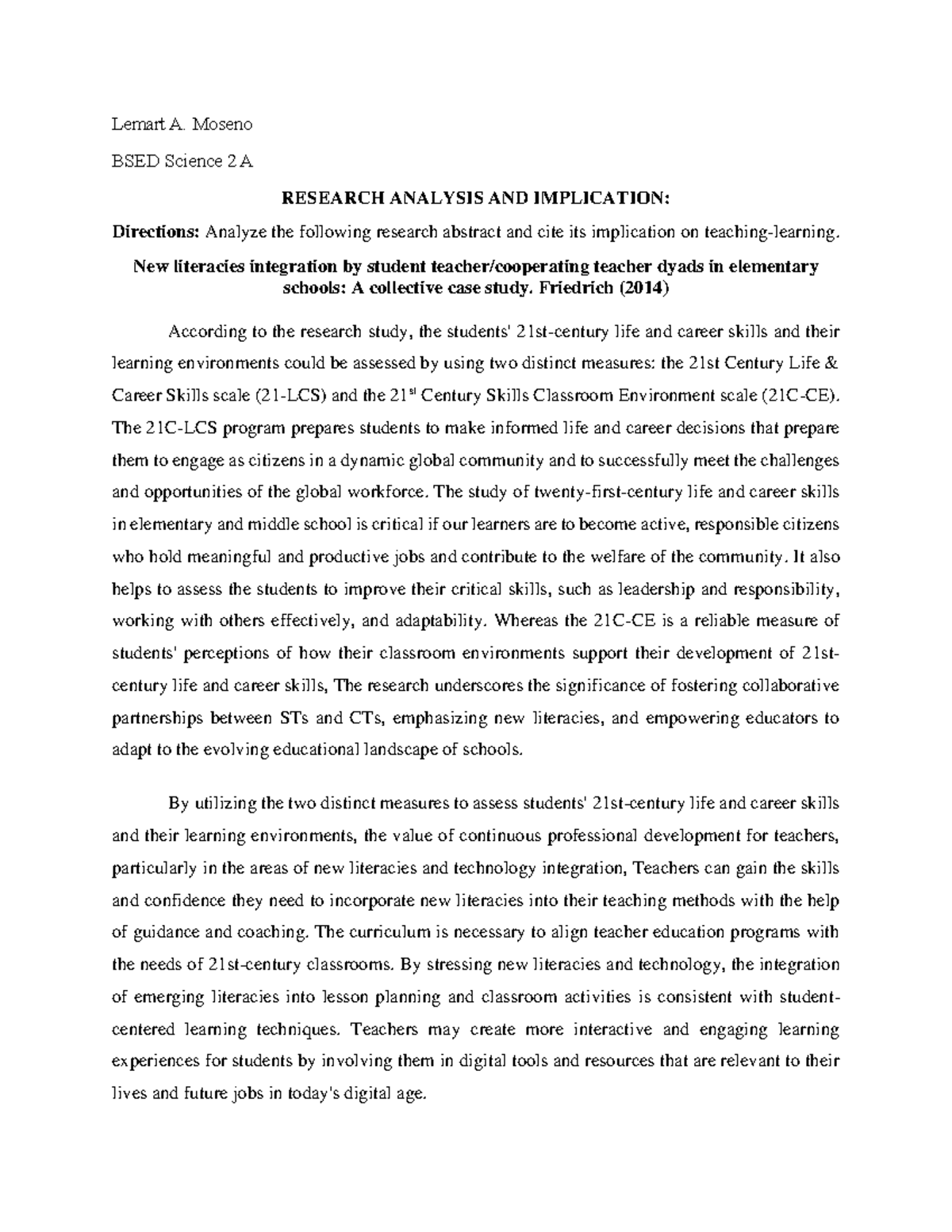 Oba6 - assessment - Lemart A. Moseno BSED Science 2 A RESEARCH ANALYSIS AND IMPLICATION ...
