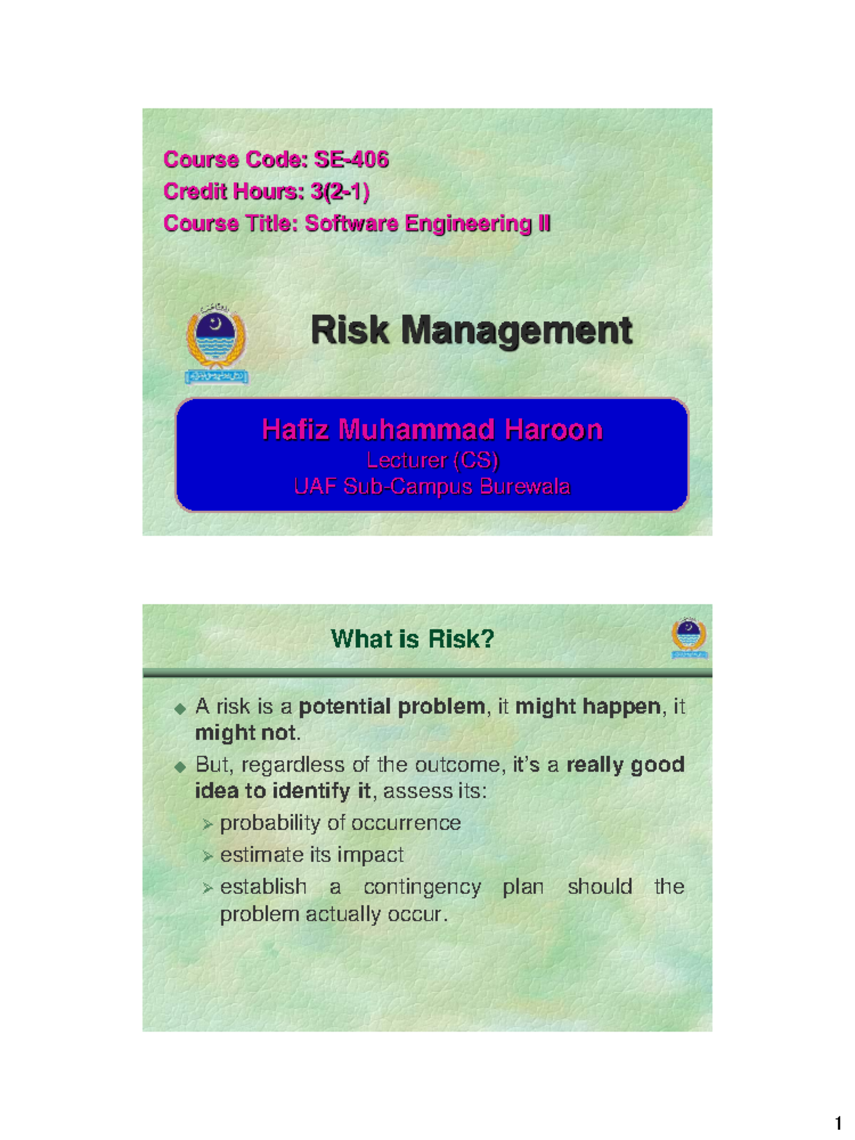 1-6 Risk Management - Lecture notes 1 - Course Code: SE- 406 Credit ...