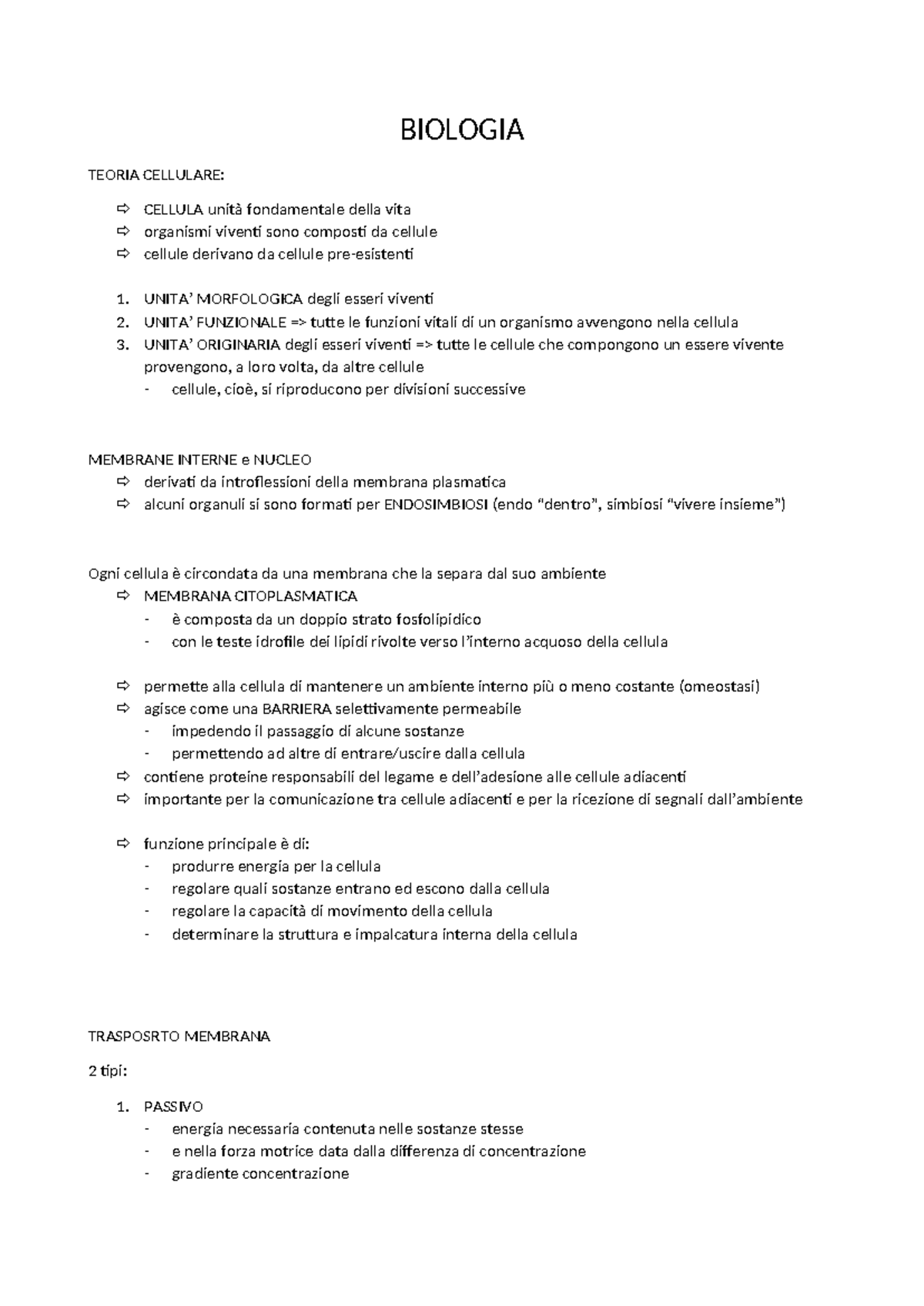 Biologia - BIOLOGIA TEORIA CELLULARE: CELLULA unità fondamentale della ...