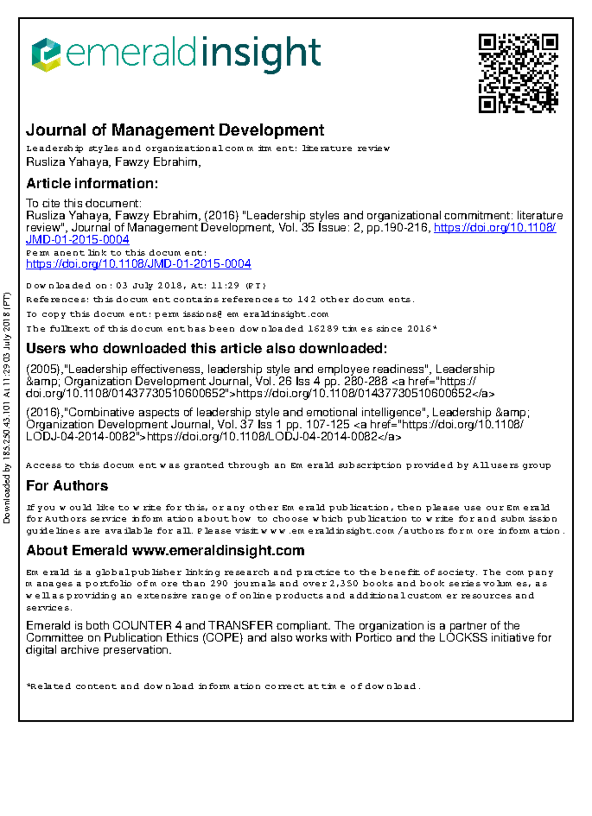 Leadership Styles and Organizational Commitment - Journal of Management ...