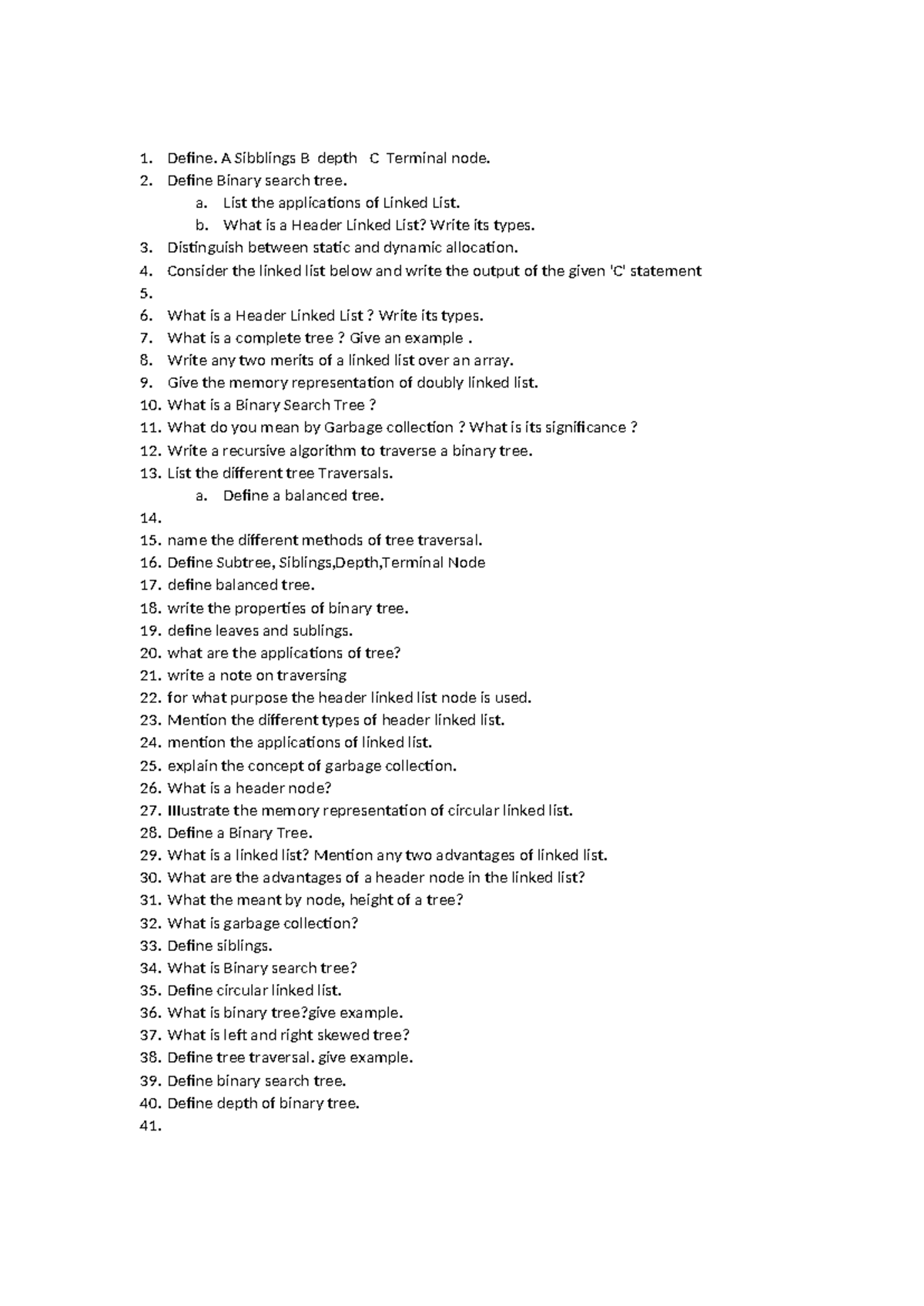 Data Structure Trees Question Bank Define A Sibblings B Depth C Terminal Node Define