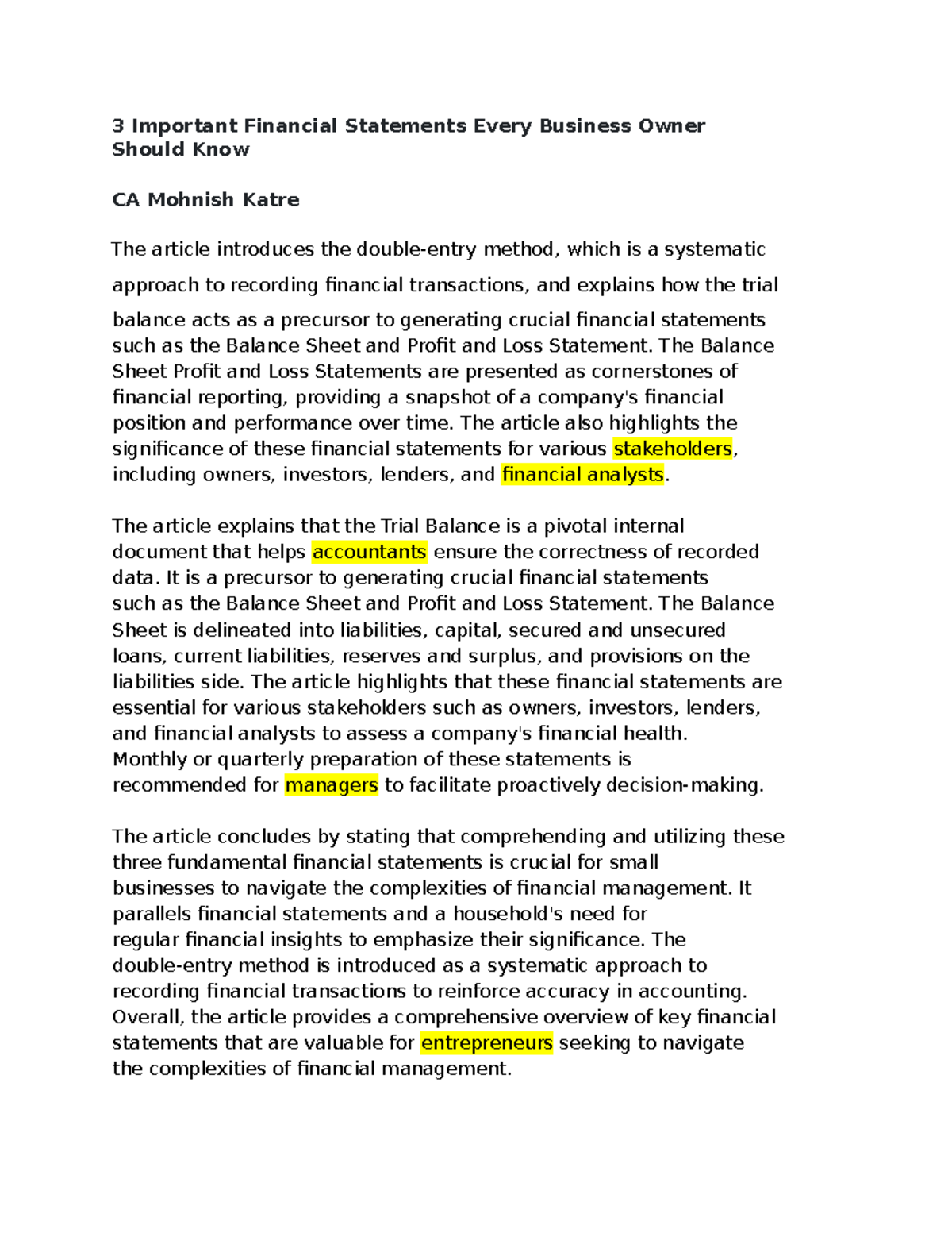 Article - 3 Important Financial Statements Every Business Owner Should ...