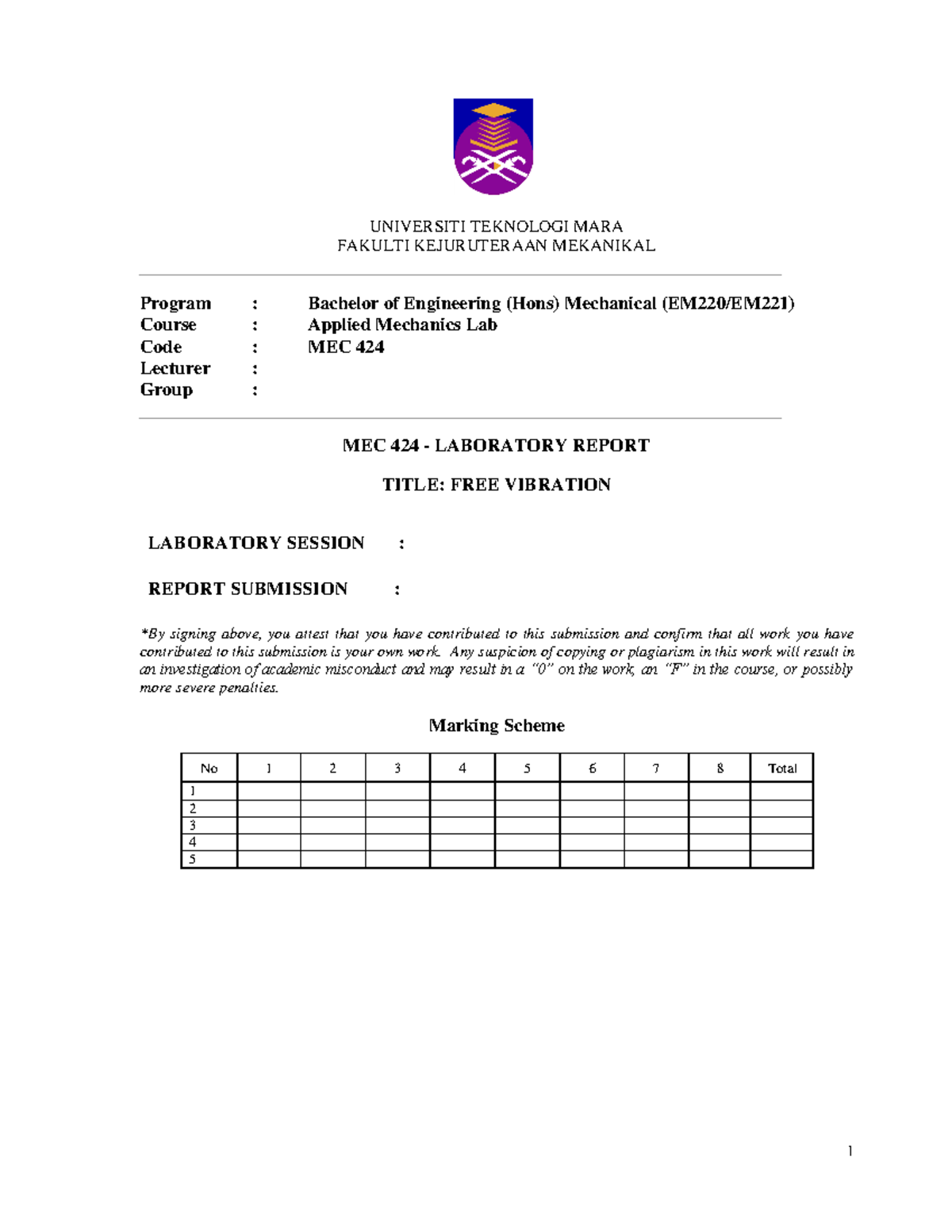 Free vibration - fluid mechanic mec 424 semester 4 year 2 lab report ...
