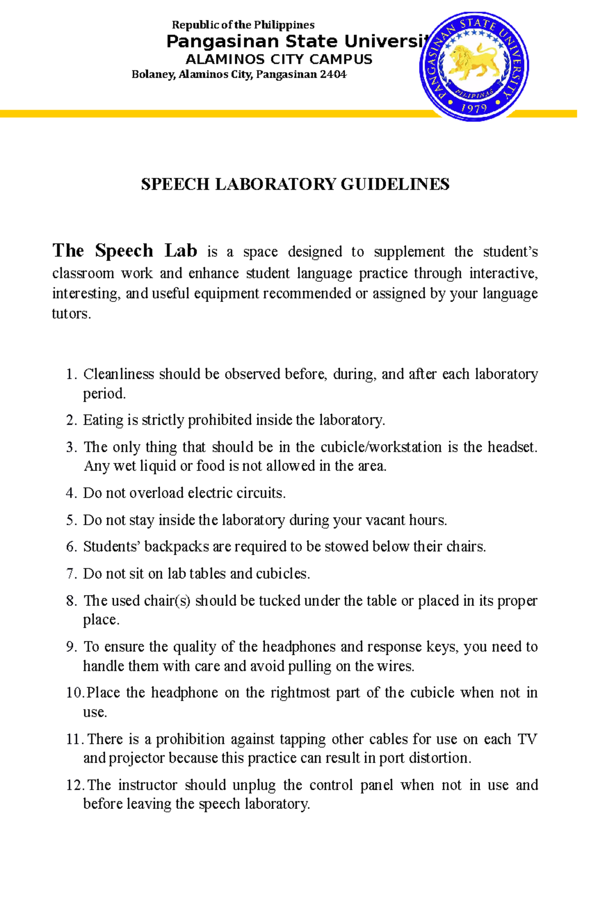 Speech-lab-guideline - Republic of the Philippines Pangasinan State University ALAMINOS CITY ...