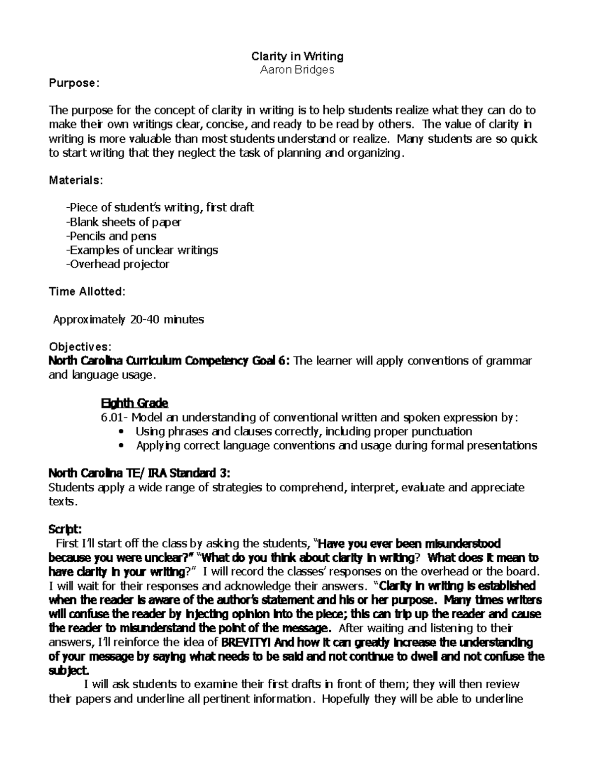 Aaron Bridges clarityin writing - Clarity in Writing Aaron Bridges ...