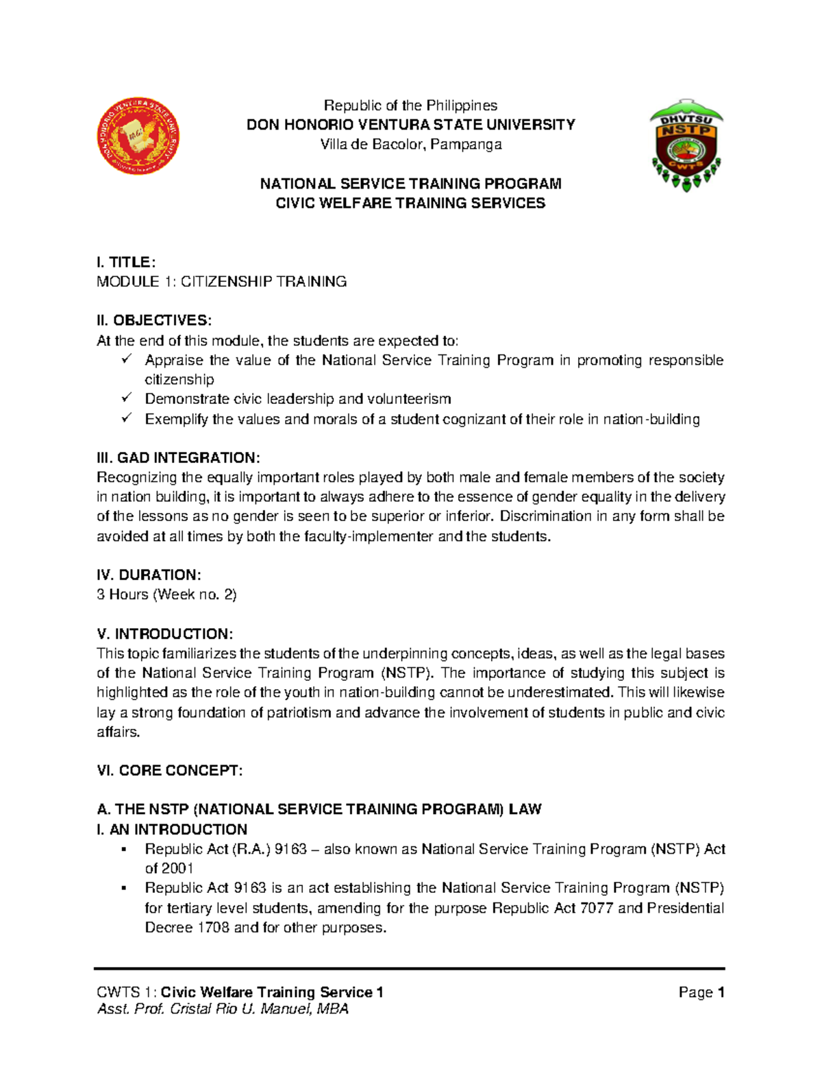 Citizenship Training - Lecture notes 13 - Civic Welfare Training ...
