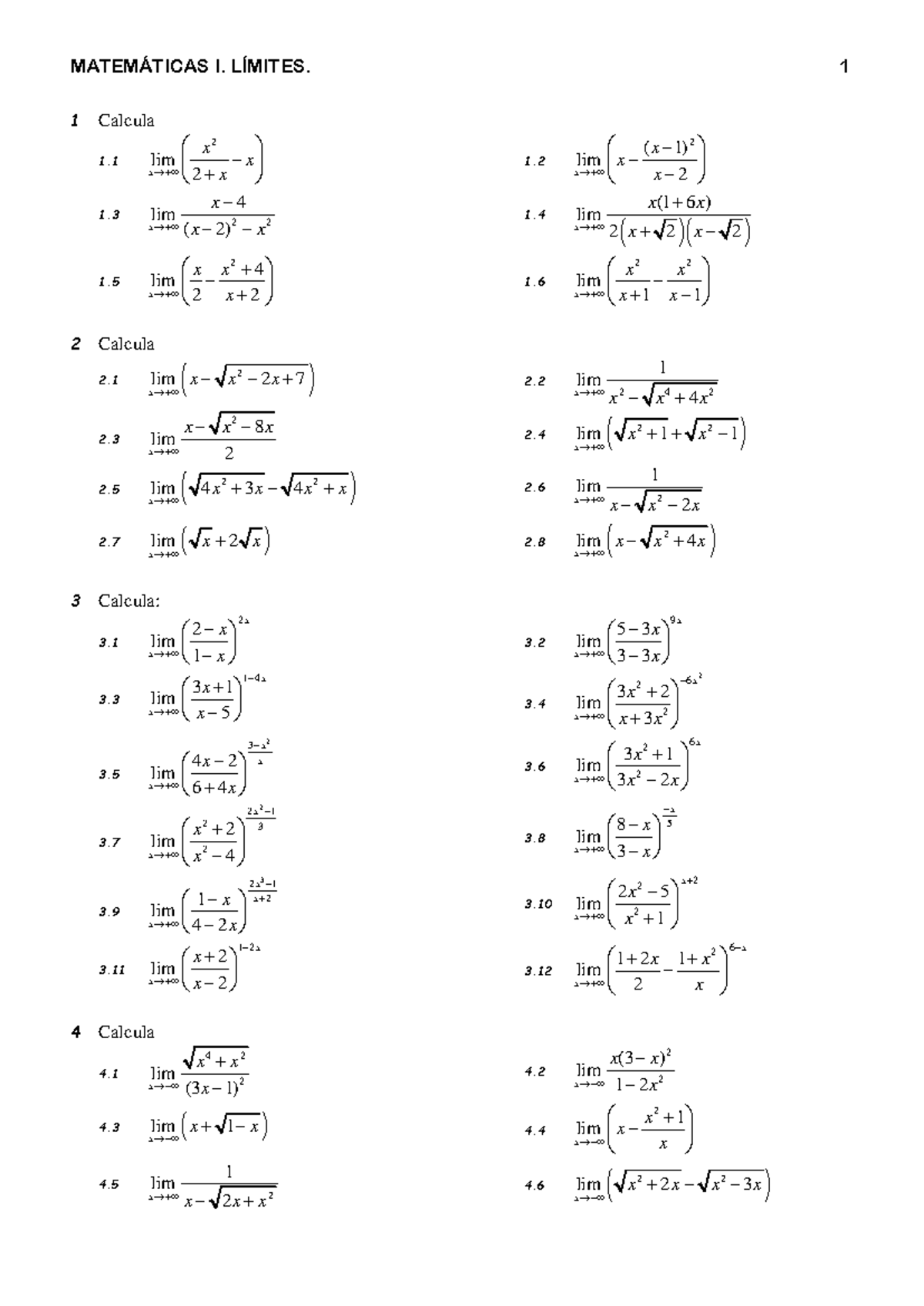 1B MAT I 09 01 Limites - MATEMÁTICAS I. LÍMITES. 1 1 Calcula 2 lim x 2 ...