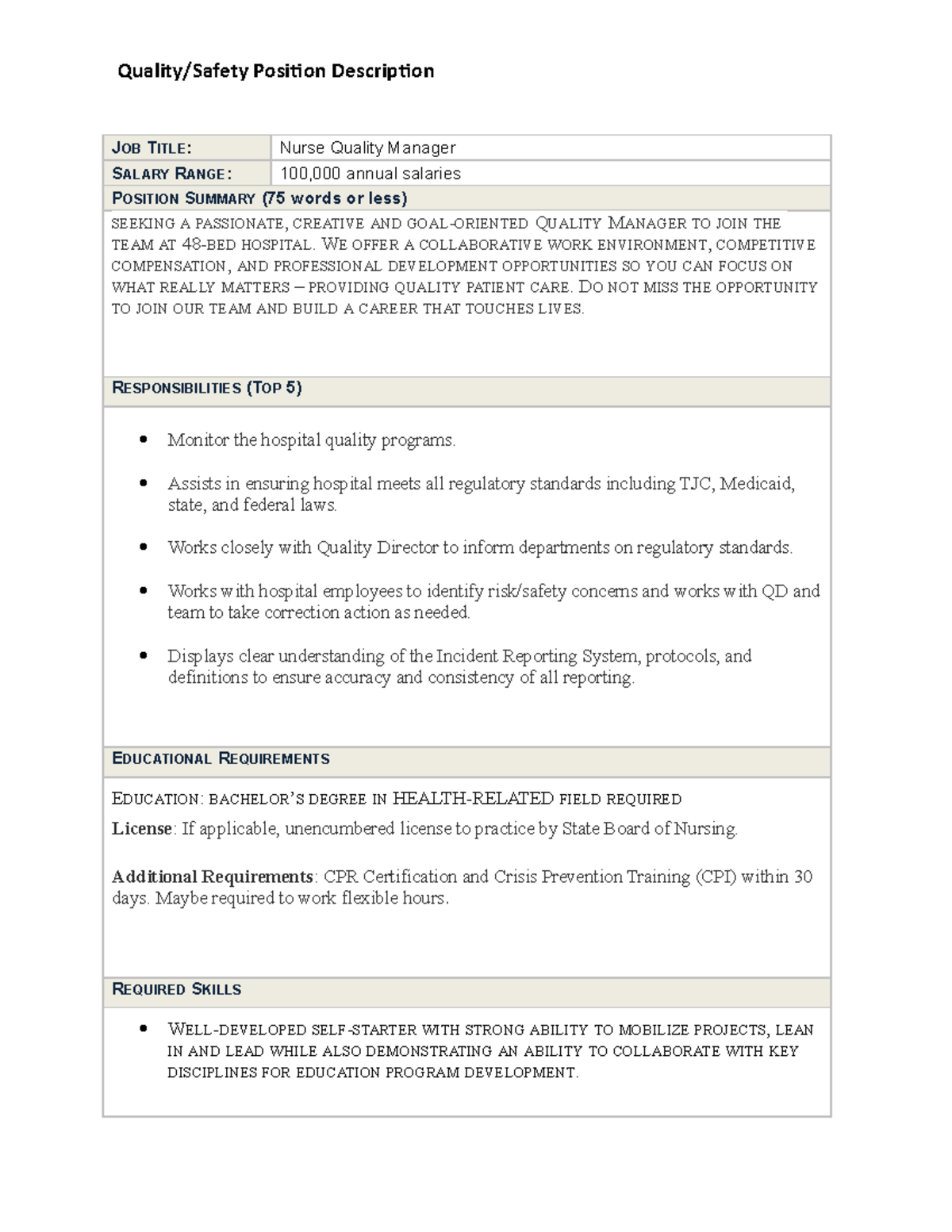 Nurse Quality Position Description - Quality/Safety Position ...