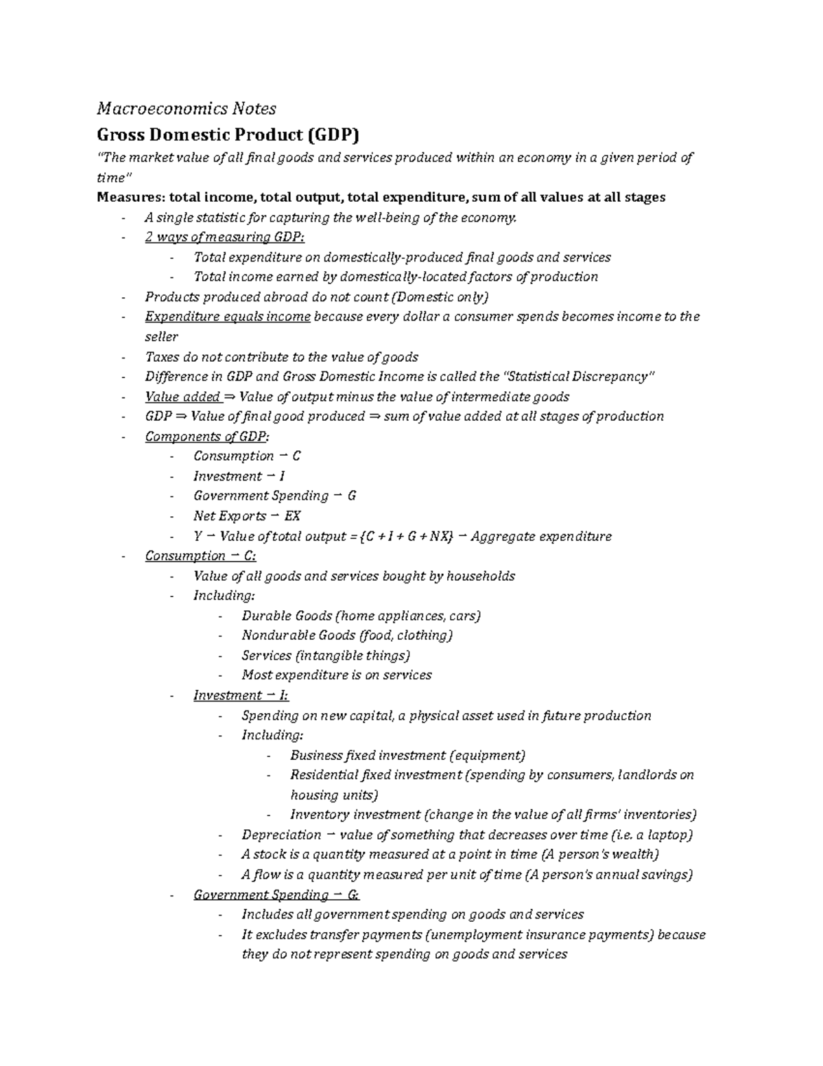 Macroeconomics Notes - Macroeconomics Notes Gross Domestic Product (GDP ...