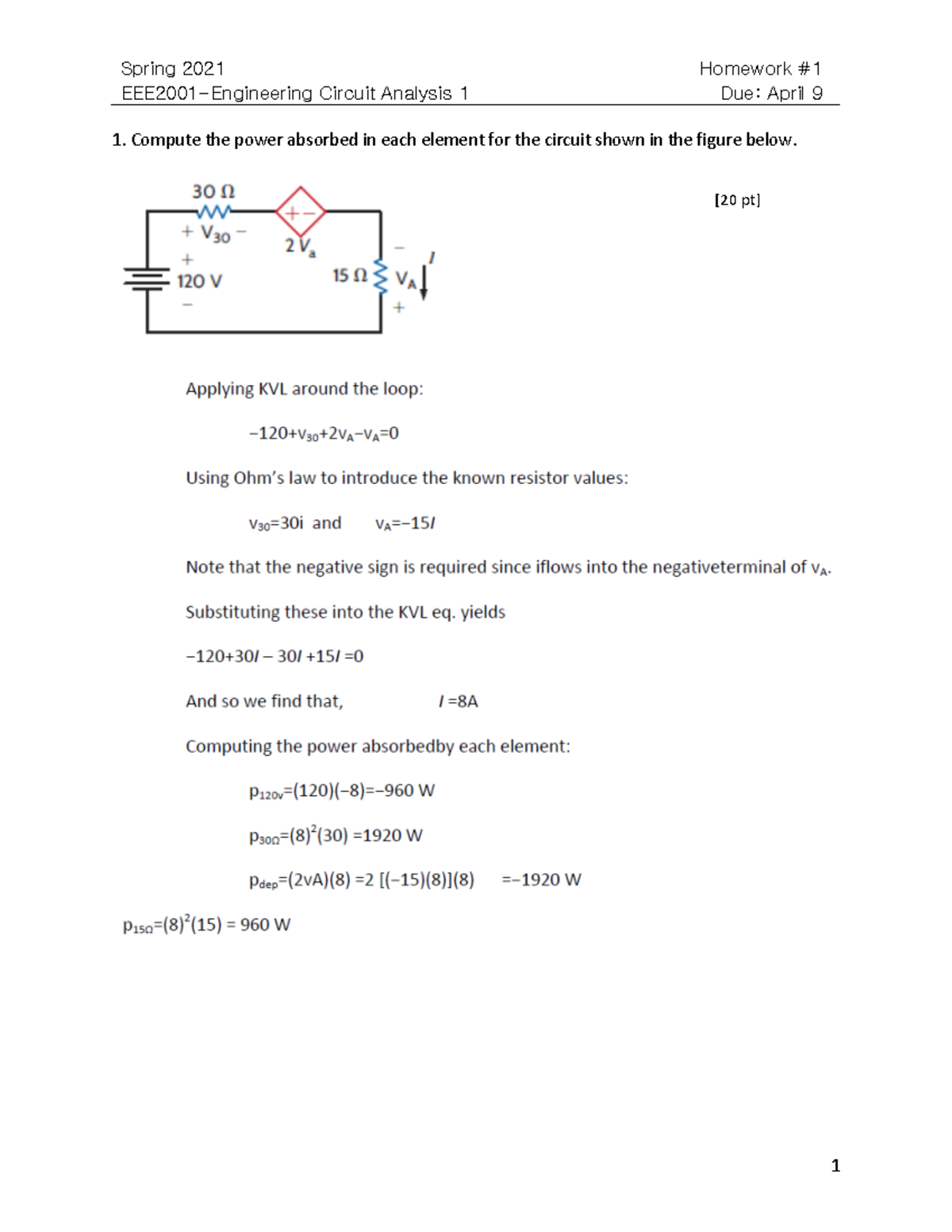 Ckt Analysis HW1 Solutions - EEE2001-Engineering Circuit Analysis 1 Due ...