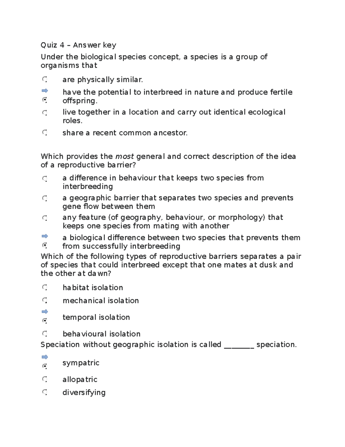 Quiz 4 - Answer key - quiz 4 biol 100 - Quiz 4 – Answer key Under the ...