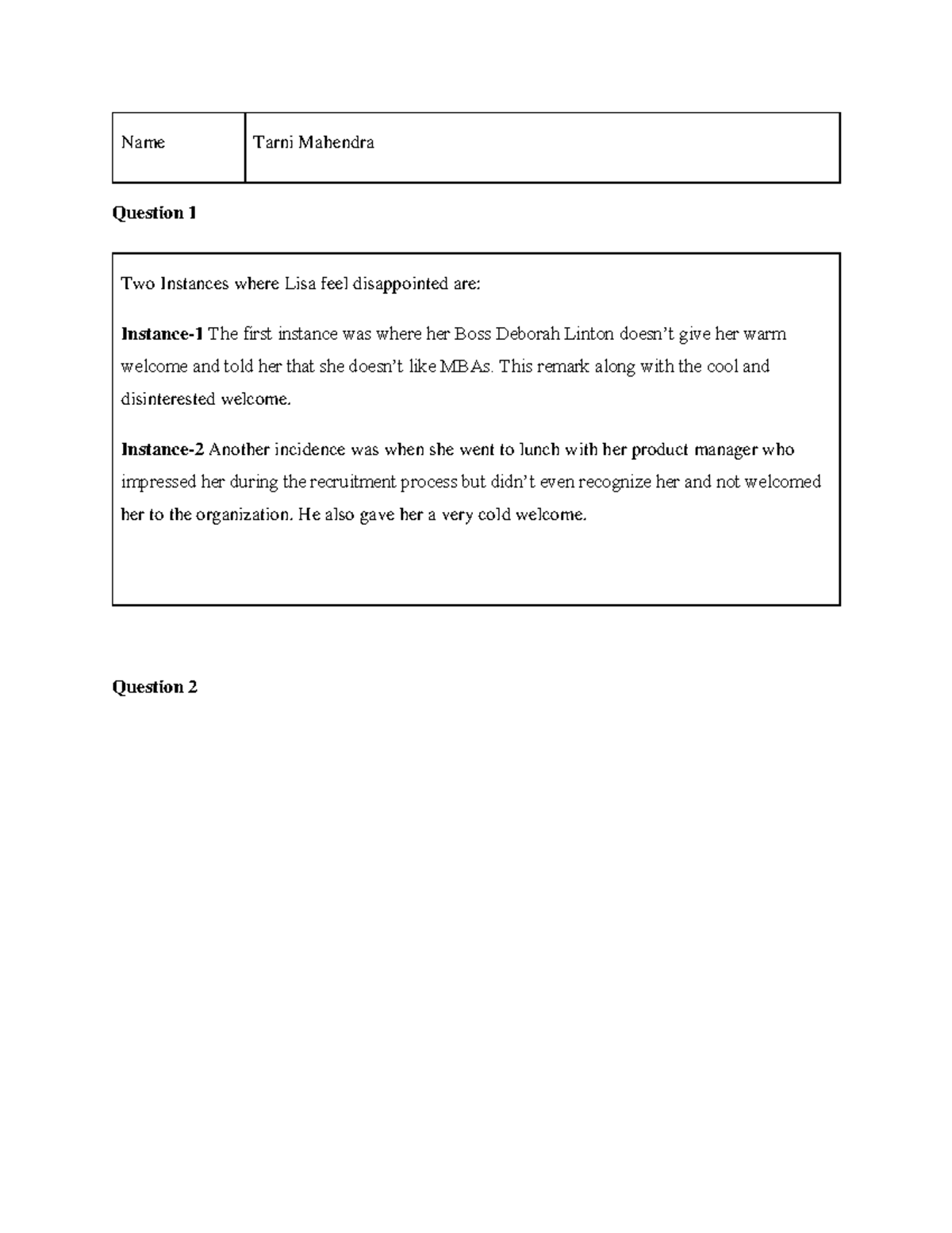 IMT Lisa Benton Tarni Mahendra - Name Tarni Mahendra Question 1 Two Instances where Lisa feel ...