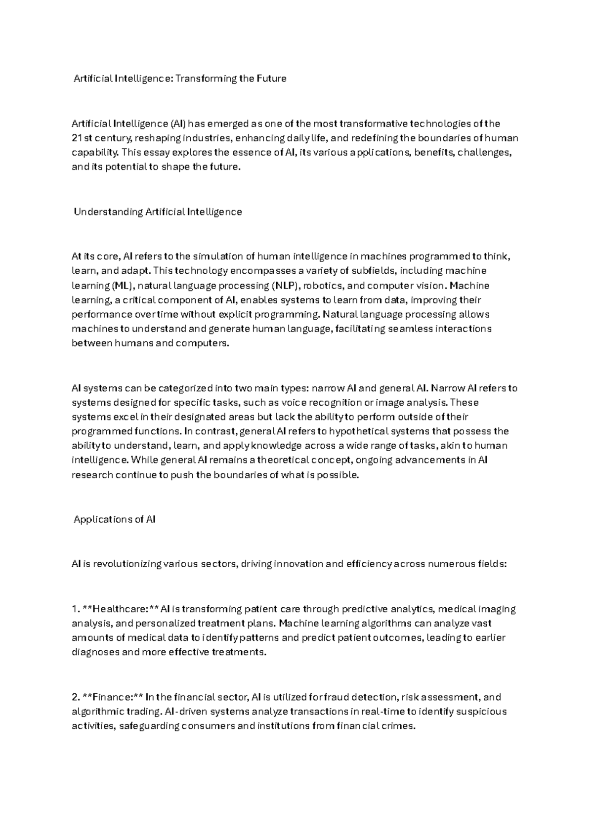 Artificial Intelligence - This essay explores the essence of AI, its various applications ...