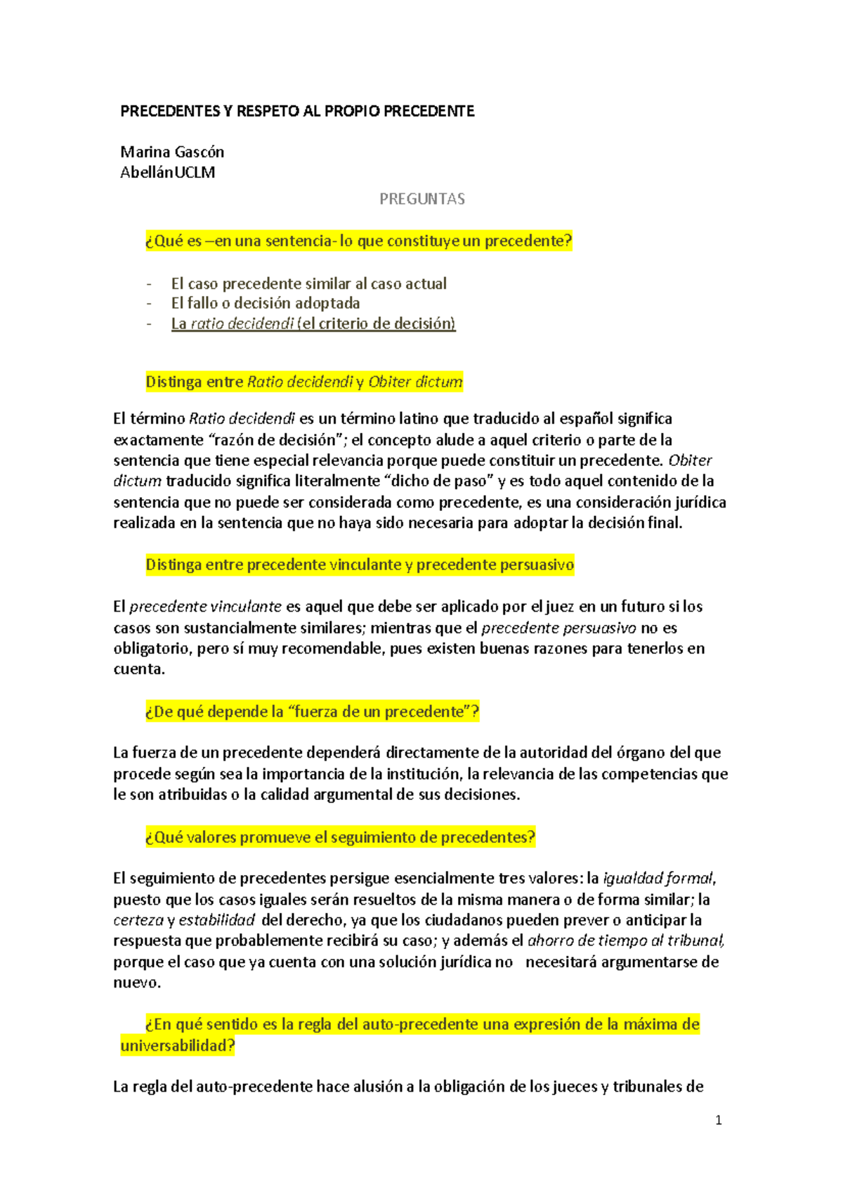 Tema 5. Precedente - conforme al libro - 1 PRECEDENTES Y RESPETO AL ...