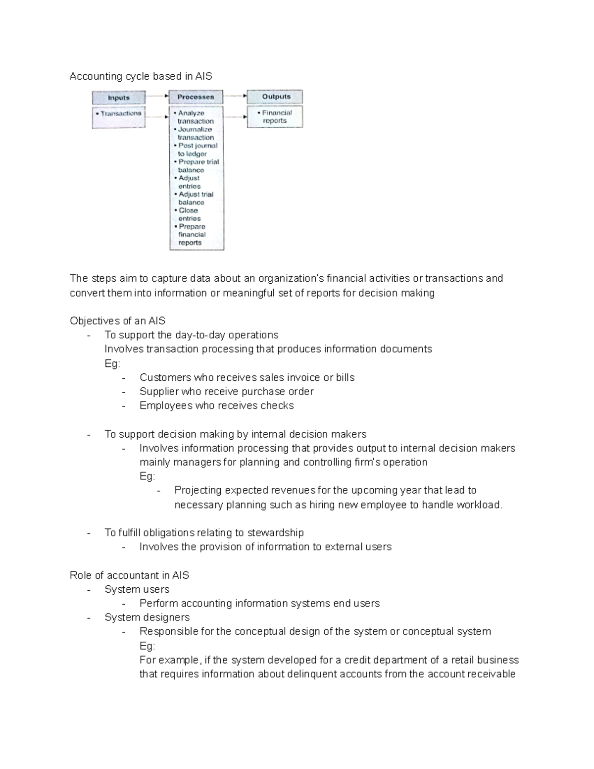 AIS205 Intro notes - Accounting cycle based in AIS The steps aim to ...