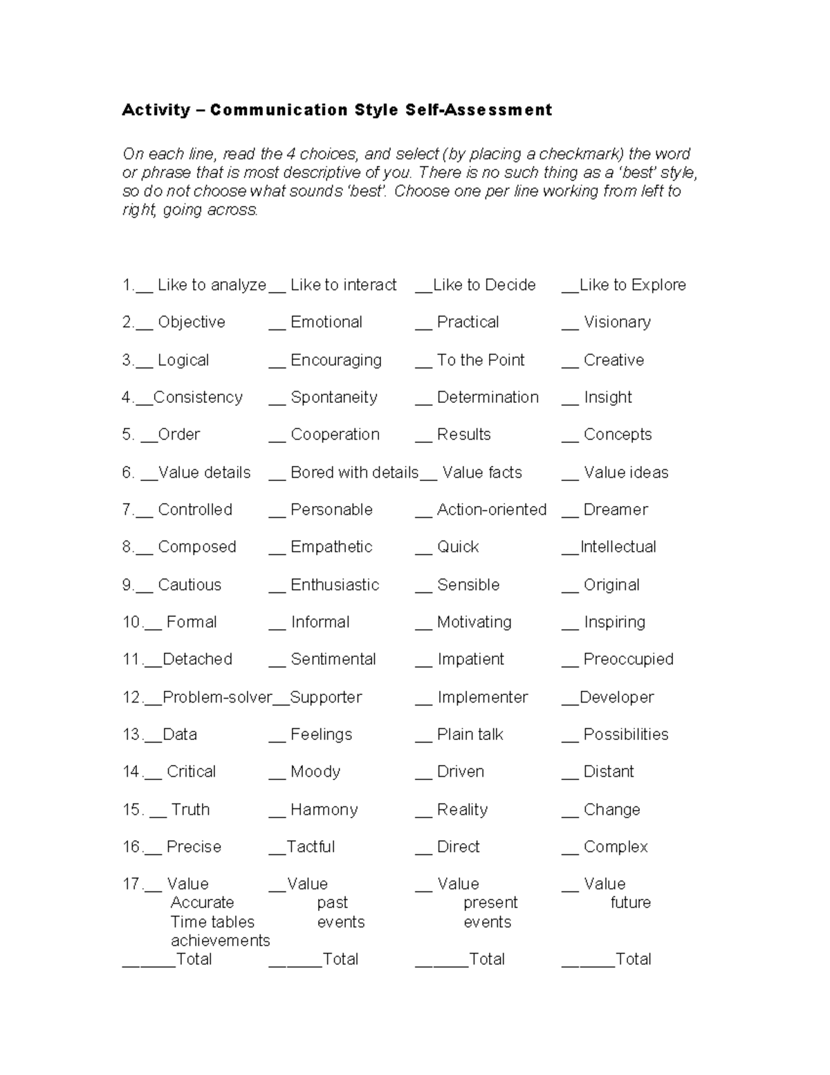 Communication Styles Assessment - Activity – Communication Style Self ...
