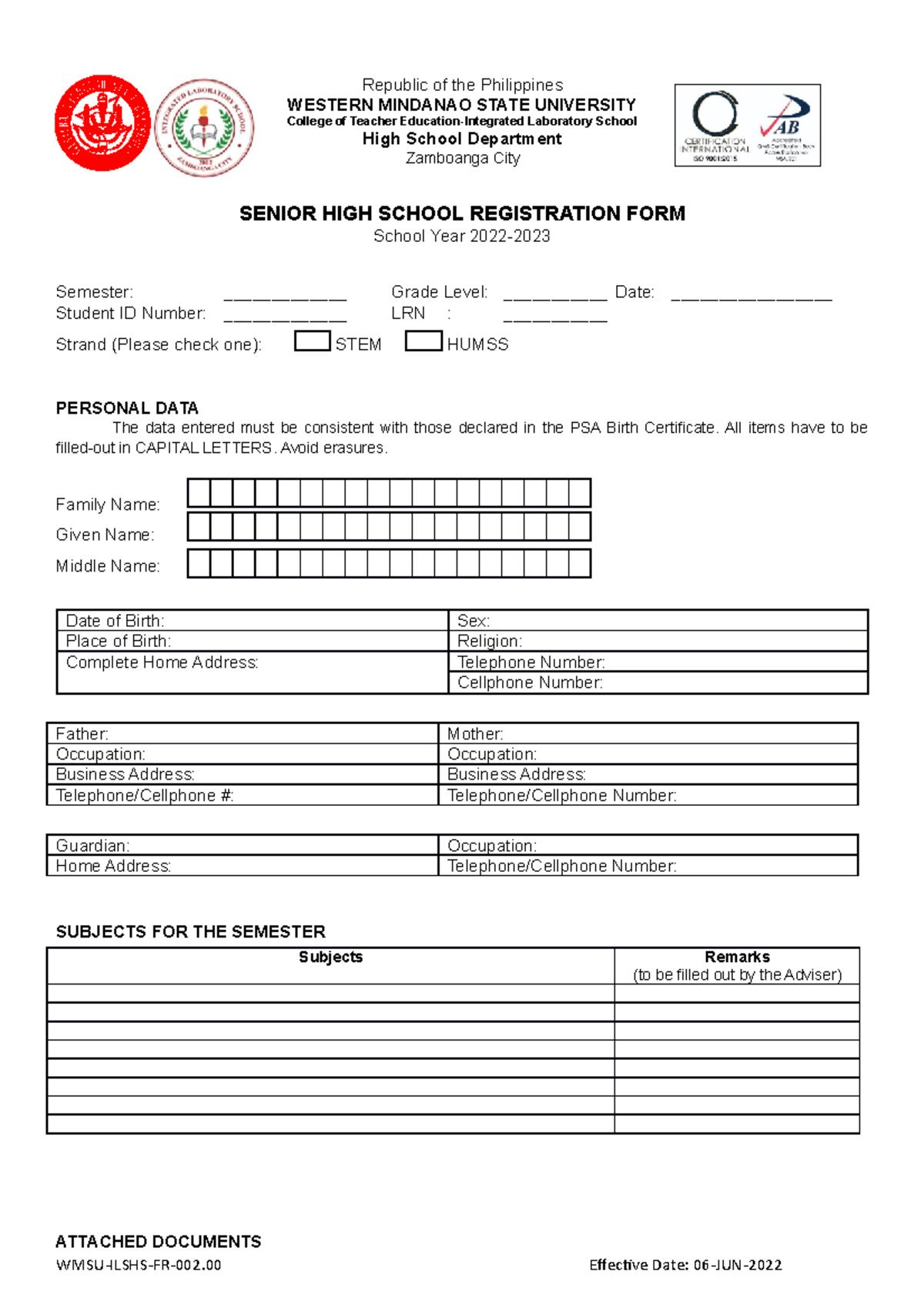 Senior High Registration Form for SY 2022 - Republic of the Philippines ...