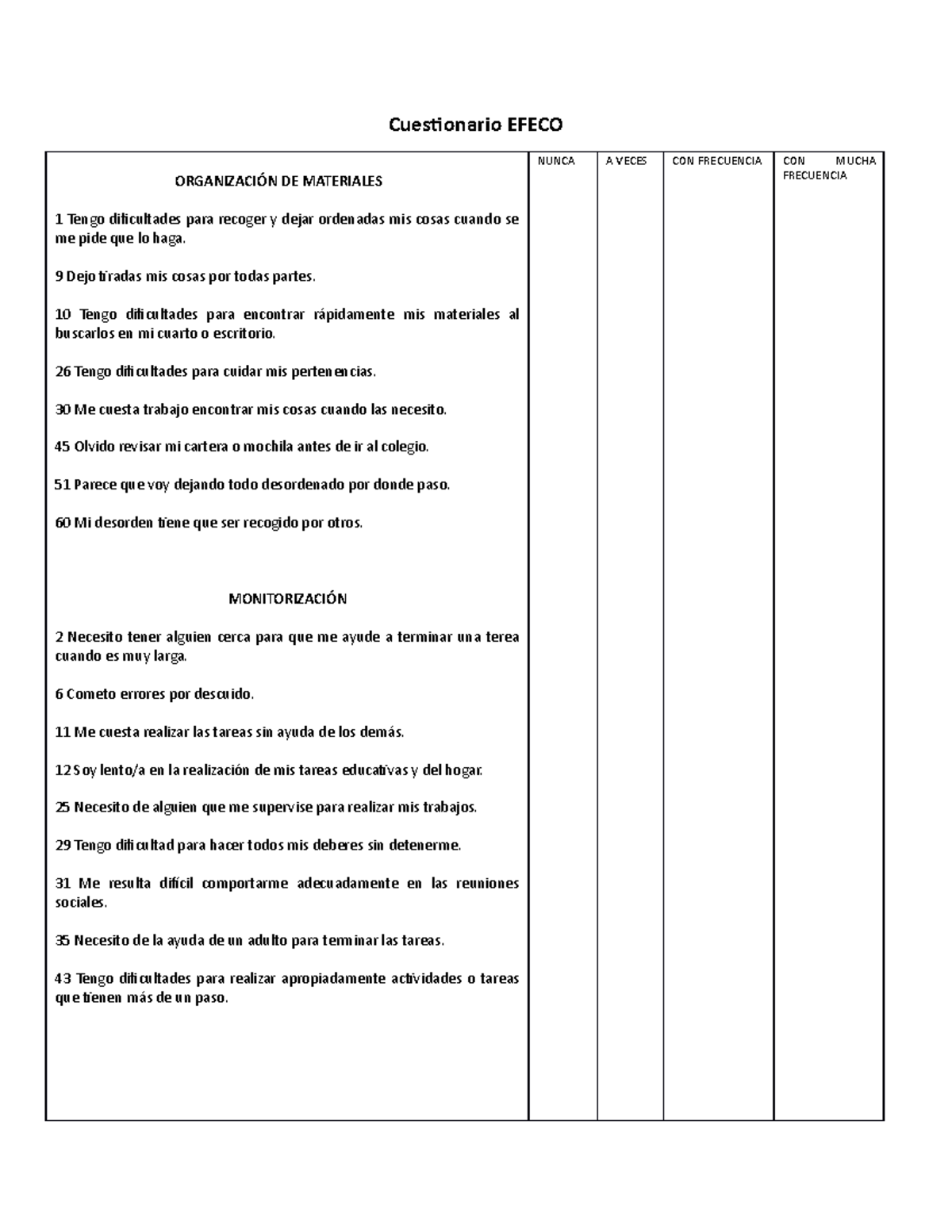 Cuestionario Efeco por seccion - Cuestionario EFECO ORGANIZACIÓN DE ...