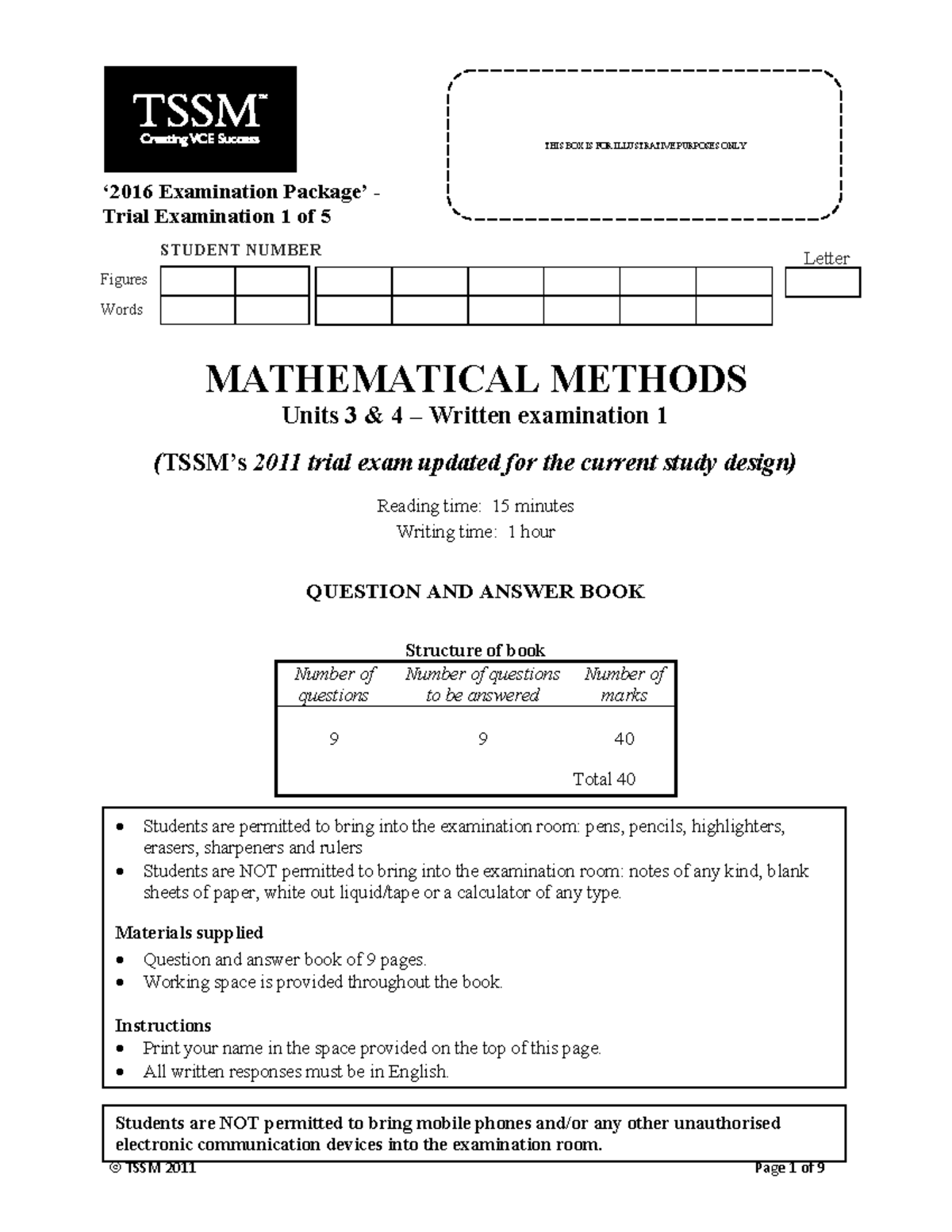 [VCE Methods] 2011-16 TSSM Unit 34 Exam 1 - ‘201 6 Examination Package ...