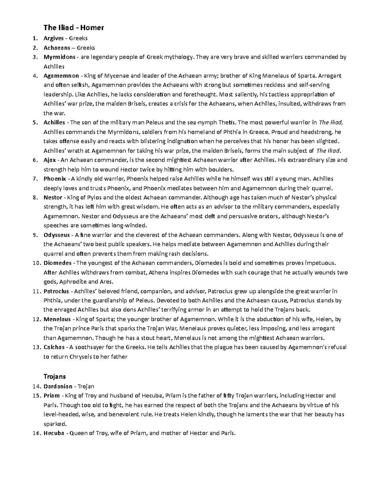 Classical Cultures Midterm - The Iliad - Homer 1. Argives - Greeks 2 ...