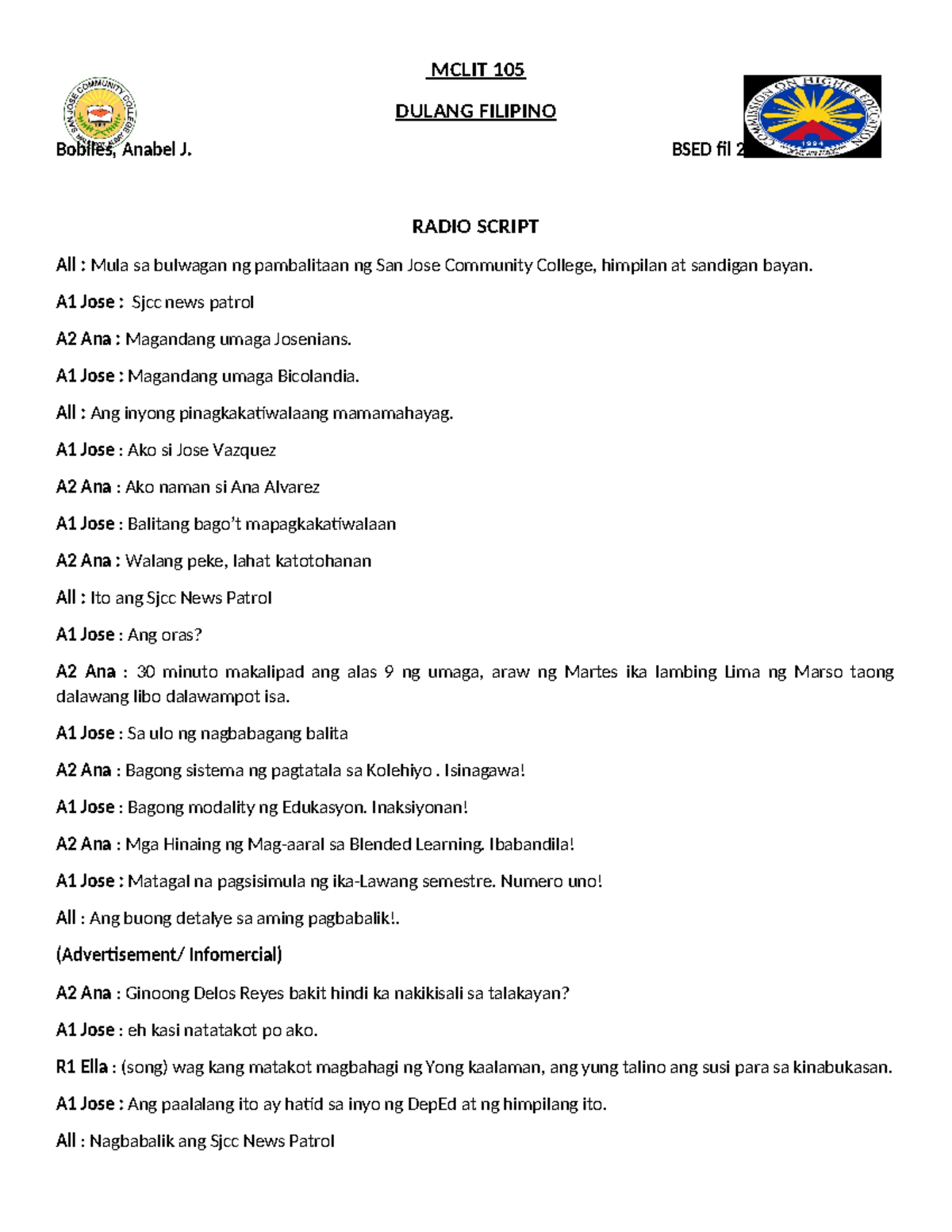 Script Bobiles, Anabel BSED Filipino 2-A ️ - MCLIT 105 DULANG FILIPINO Bobiles, Anabel J. BSED ...
