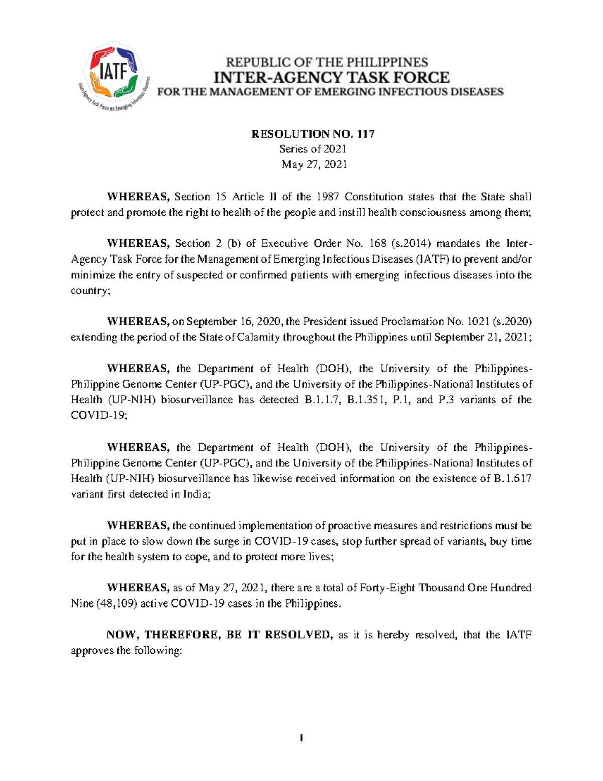 20210527 IATF RESO 117 RRD - RESOLUTION NO. 117 Series of 2021 May 27 ...