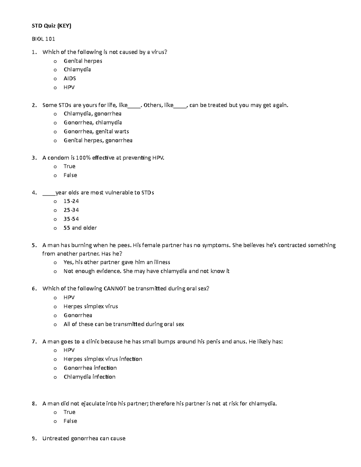 STD Group Quiz - STD Quiz - STD Quiz (KEY) BIOL 101 Which of the ...