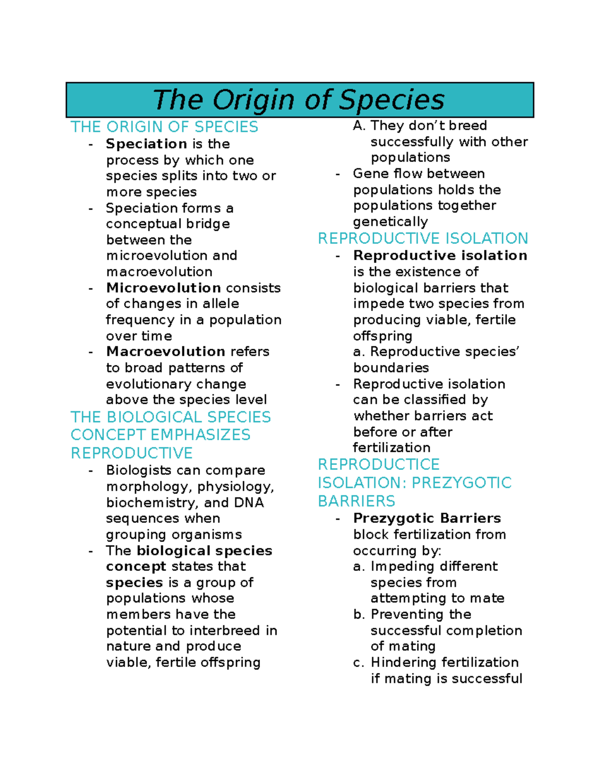Biology 191A Ch 22 Notes - The Origin of Species THE ORIGIN OF SPECIES ...